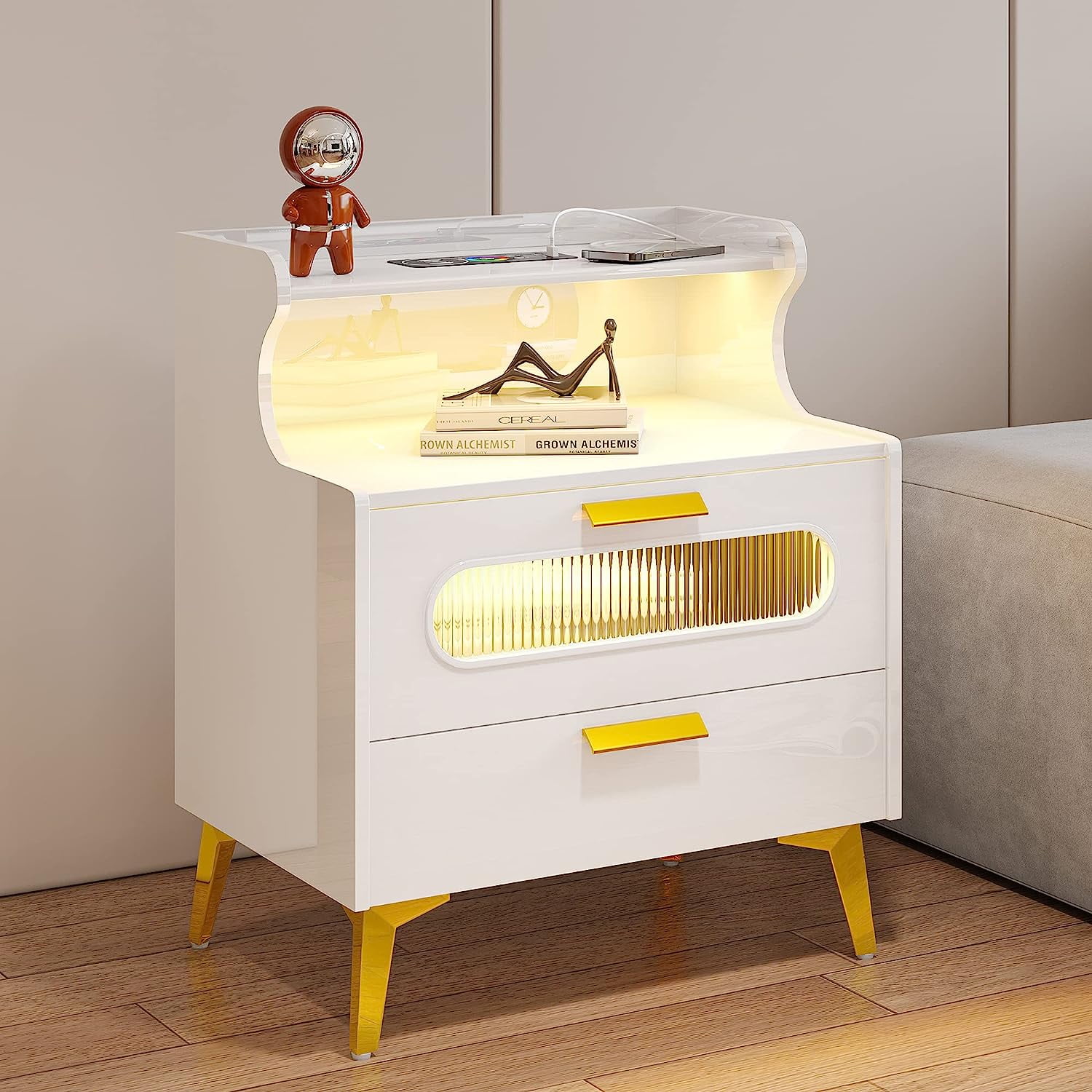 dnbss White and Gold Nightstand with 2 Drawers & Wireless Charging ...