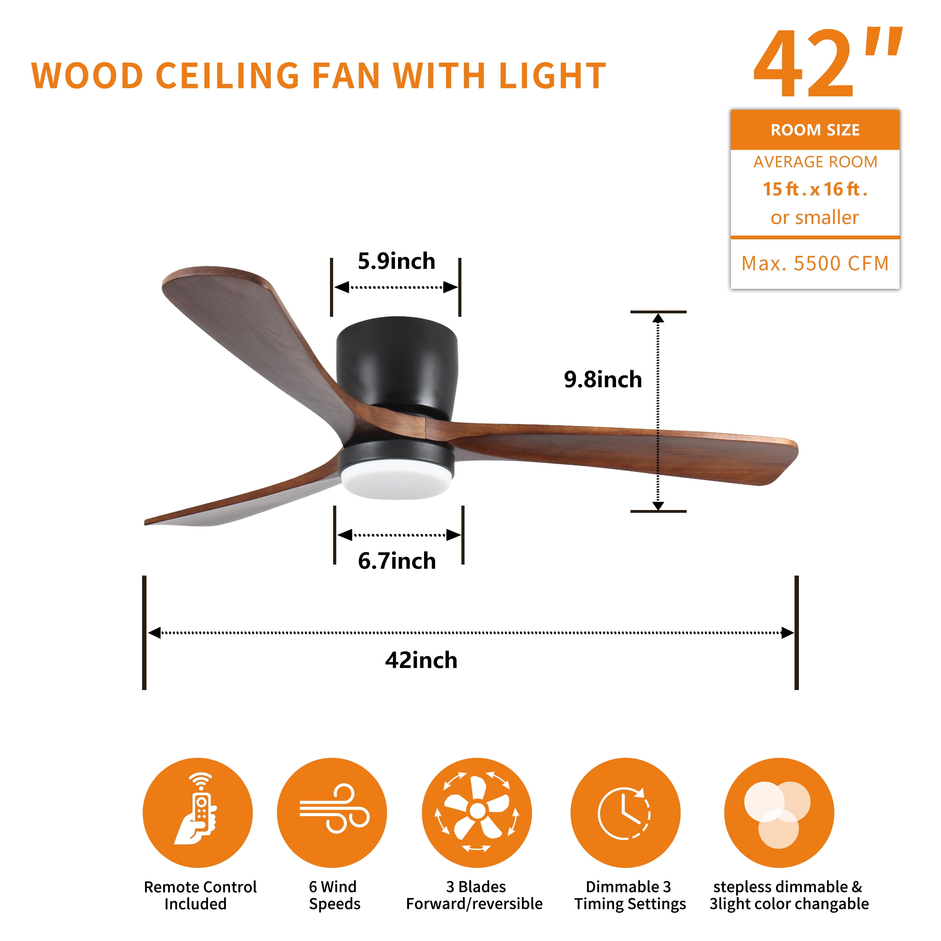 dokea 42 Inch Black Wood Ceiling Fan with Light & Remote 6 Speeds ...