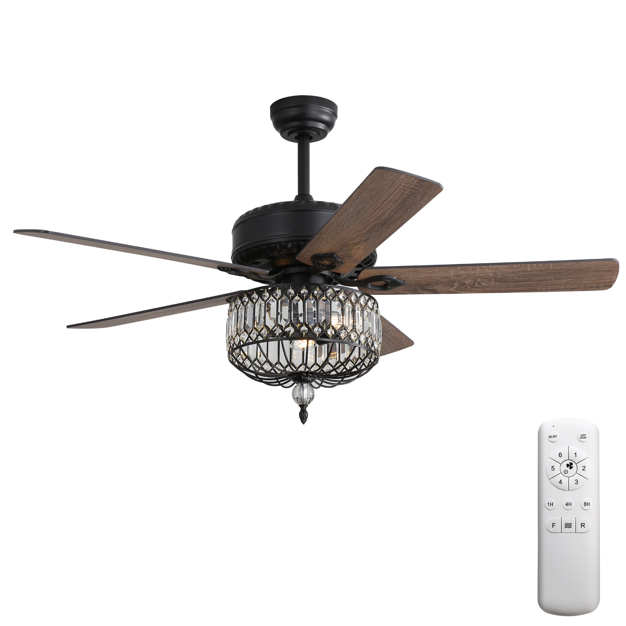dokea 52” Ceiling Fan with Crystal Shade – 5 Plywood Blades, DC Motor ...