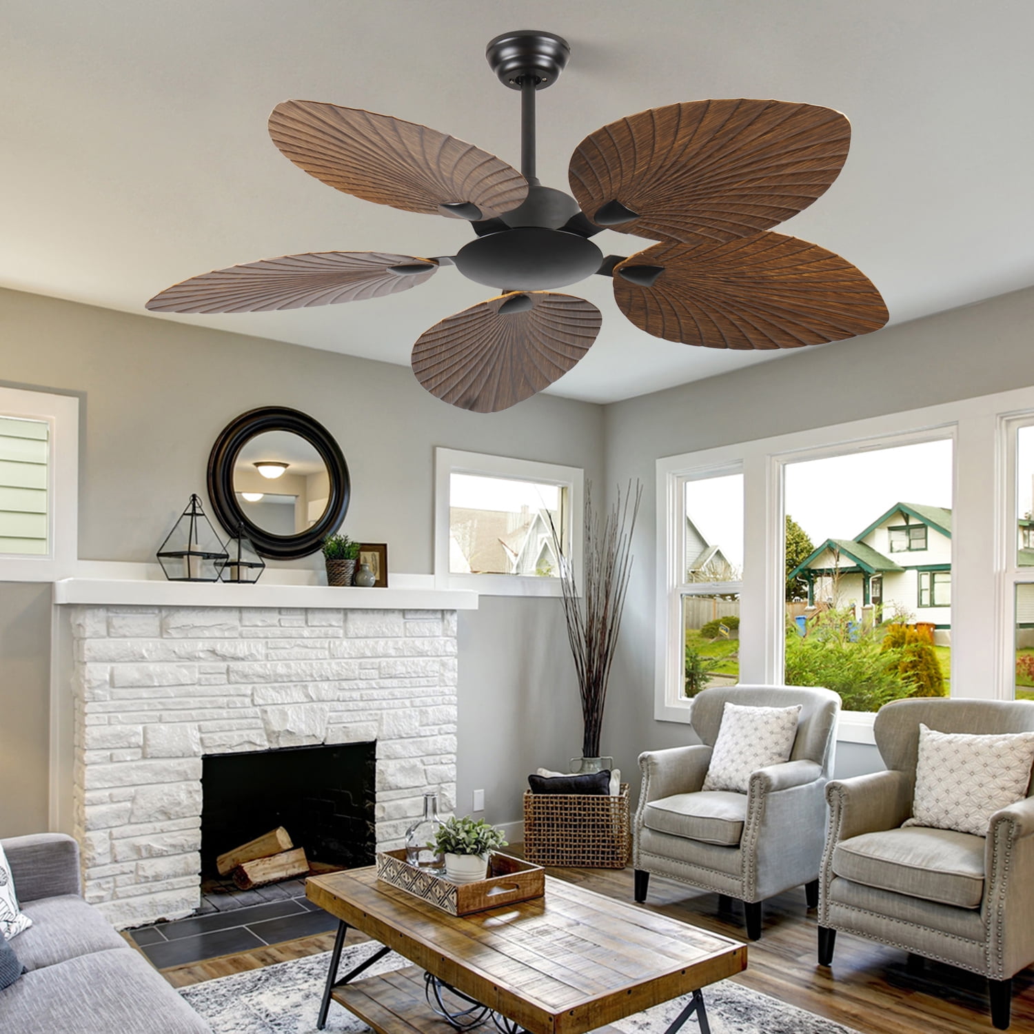 dokea 52 in. Brown Retro Palm Leaf Ceiling Fan - No Light, 5 Blades ...