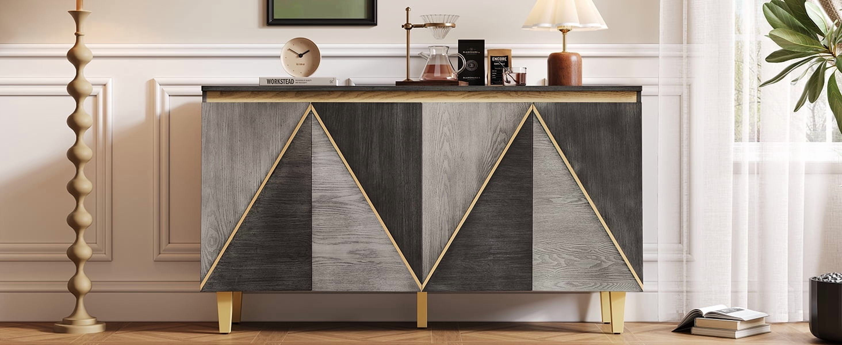 dokea TREXM 60” Retro Buffet Cabinet - 4 Door Sideboard Storage - Light ...