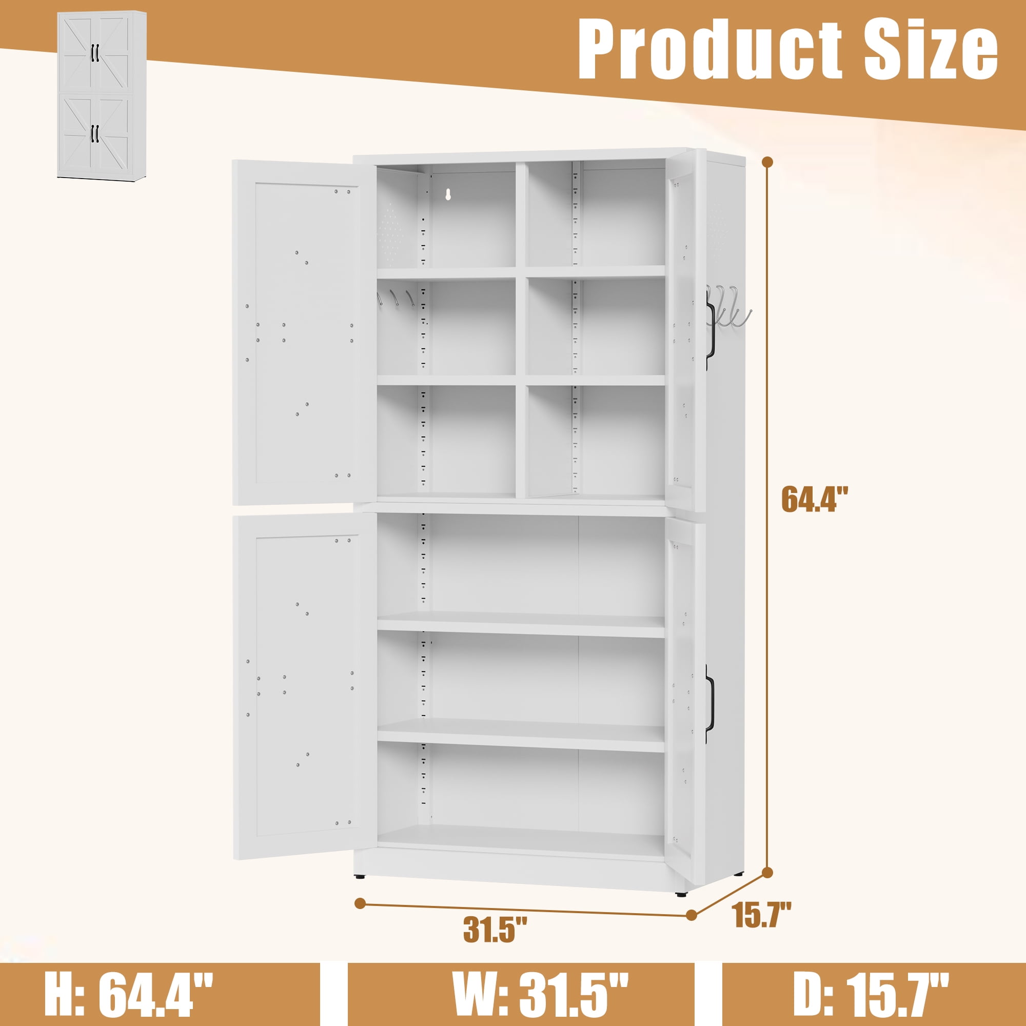 dokea White Steel Kitchen Pantry Cabinet - Adjustable Shelves, Heavy ...