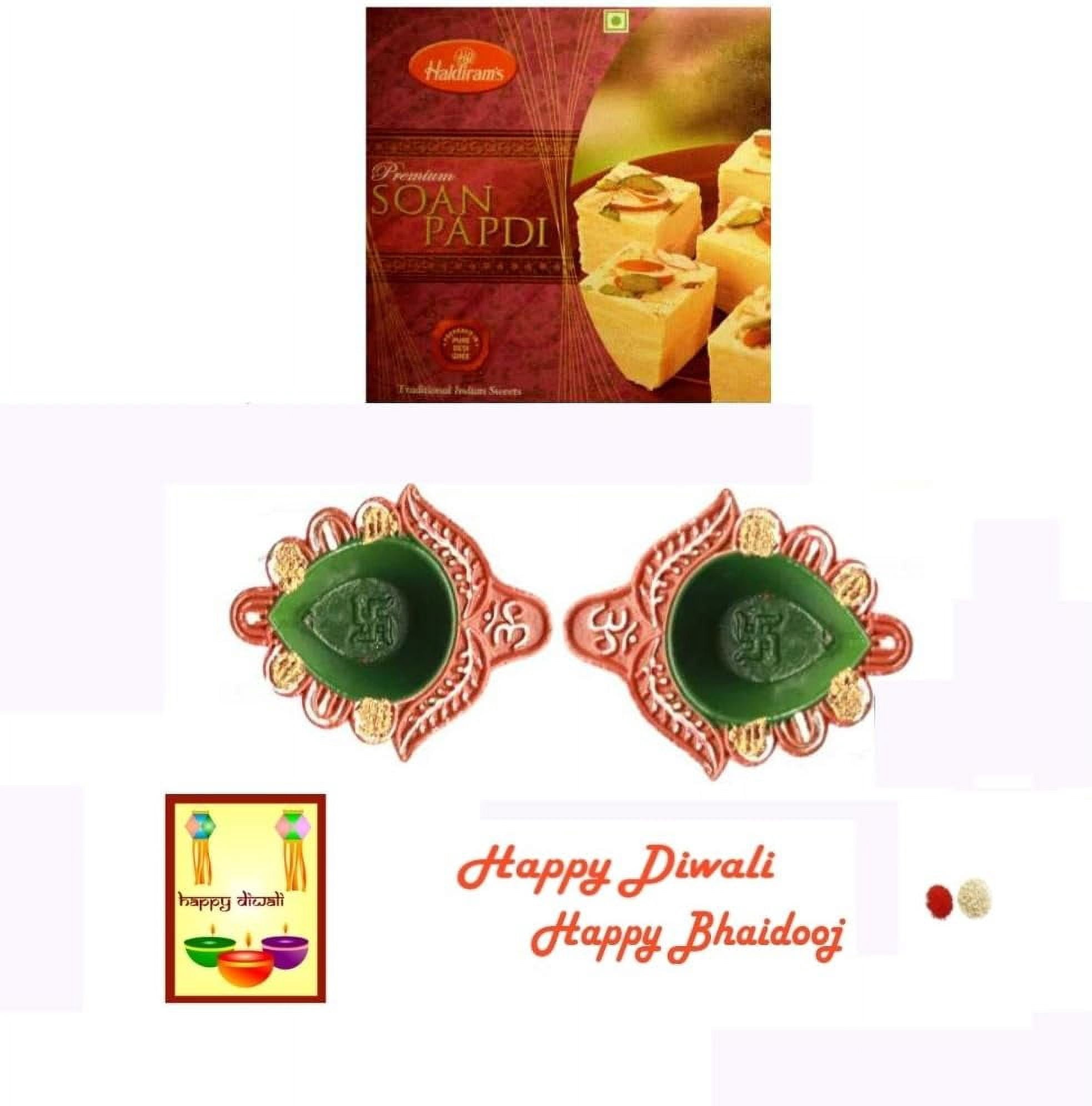 dooj - Haldiram Soan Papdi (250 s), 2 Diwali Diya with Diwali Card and ...