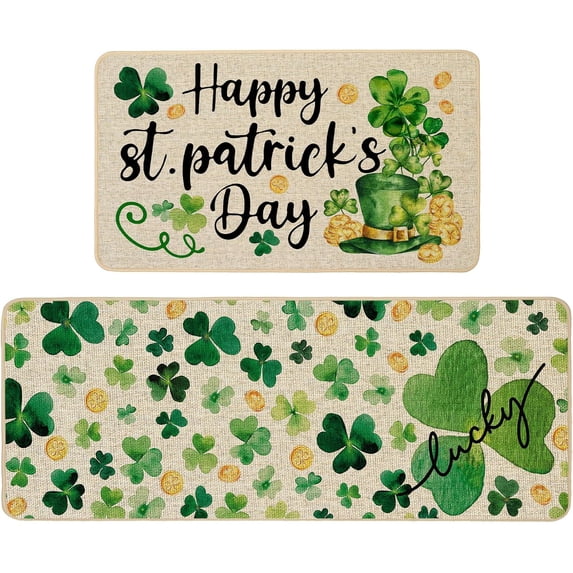 doreo St. Patrick''s Day Kitchen Rugs Set of 2, Lucky Shamrock Hat Gold ...