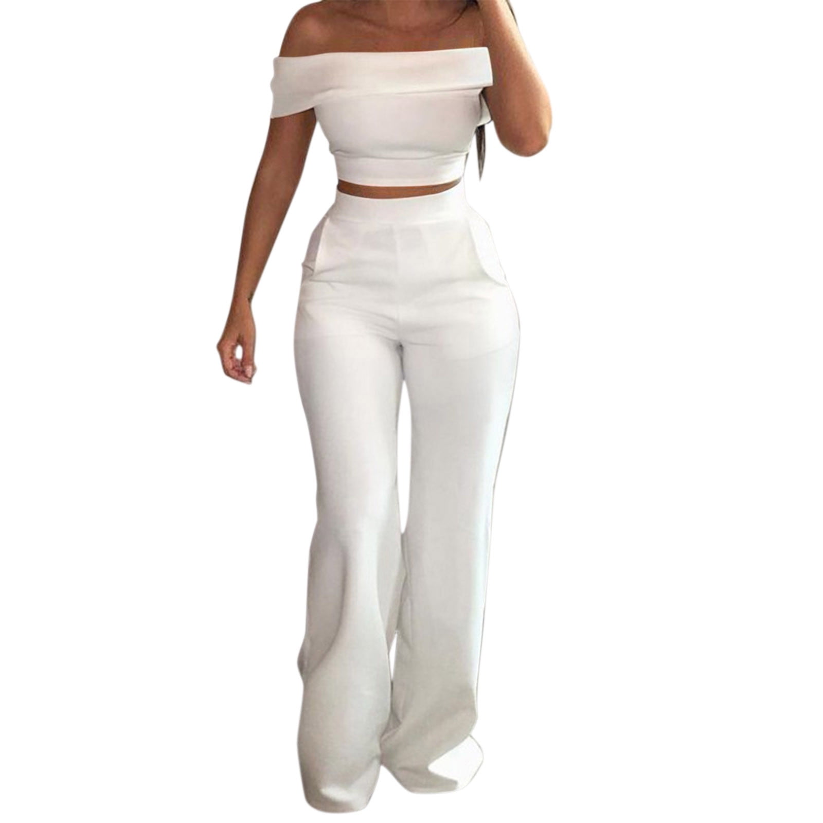 drpgunly 2 Piece Outfits For Women Solid Off Shoulder Short Sleeve Suit ...