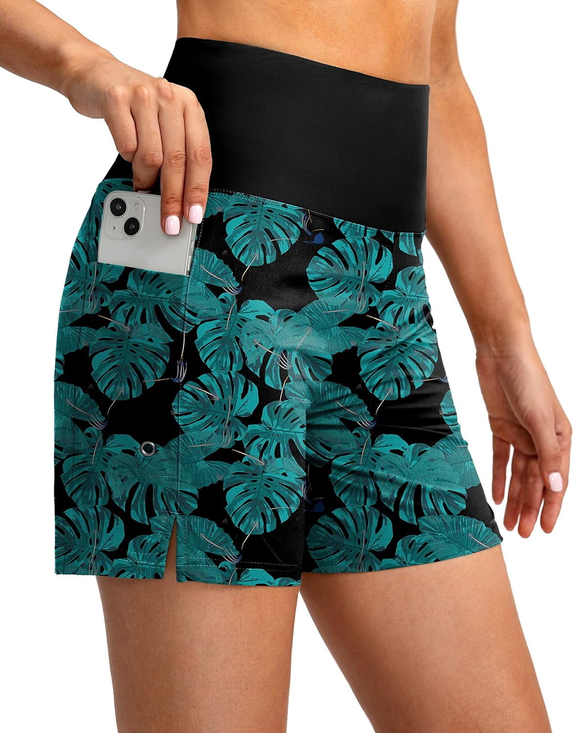 Dual Womens 5 High Waisted Swim Board Shorts With Phone Pockets Upf