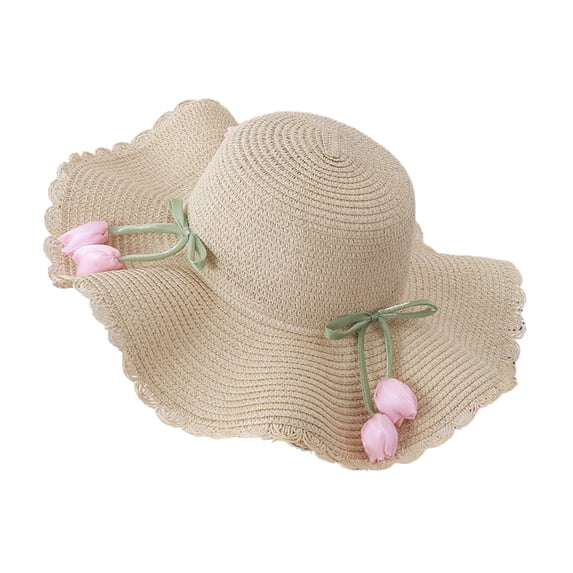 duwiikab Beach Hat Wave Lace Trim Design Tulip Bow Decor Full Face Sun ...