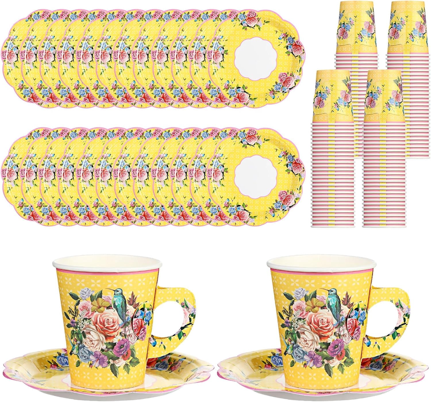 dvbiyno 200 Pcs Floral Tea Party Supplies 100 Paper Tea Cups 100 Floral ...