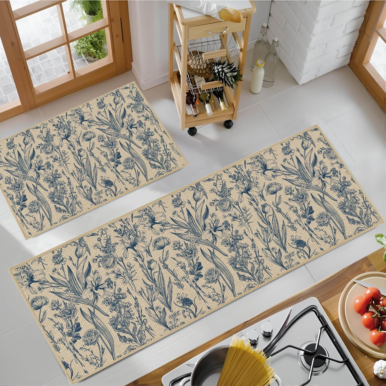 dvbiyno Blue Floral Kitchen Sets of 2 Spring Flowers Kitchen and Mats ...