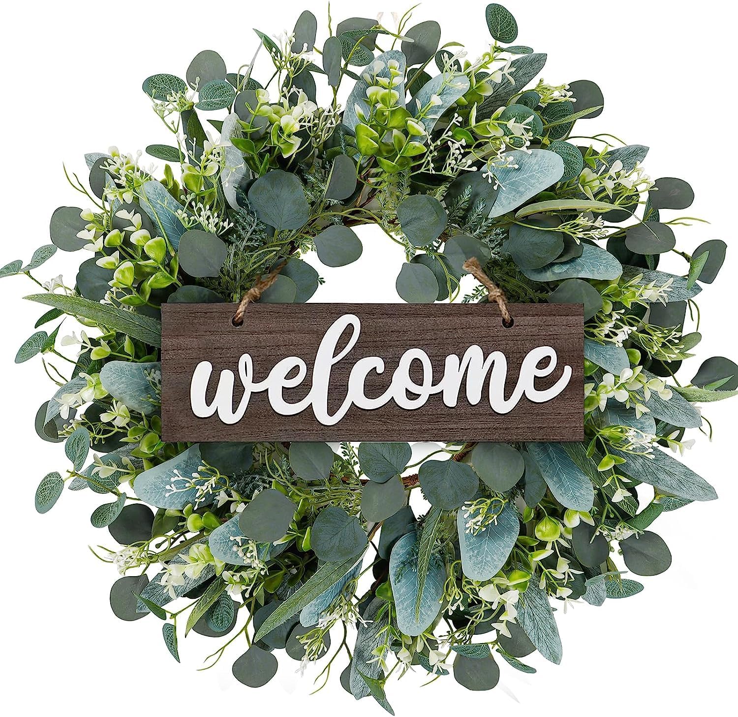 dvbiyno Green Eucalyptus Wreath with Welcome Sign 22in Spring Summer ...