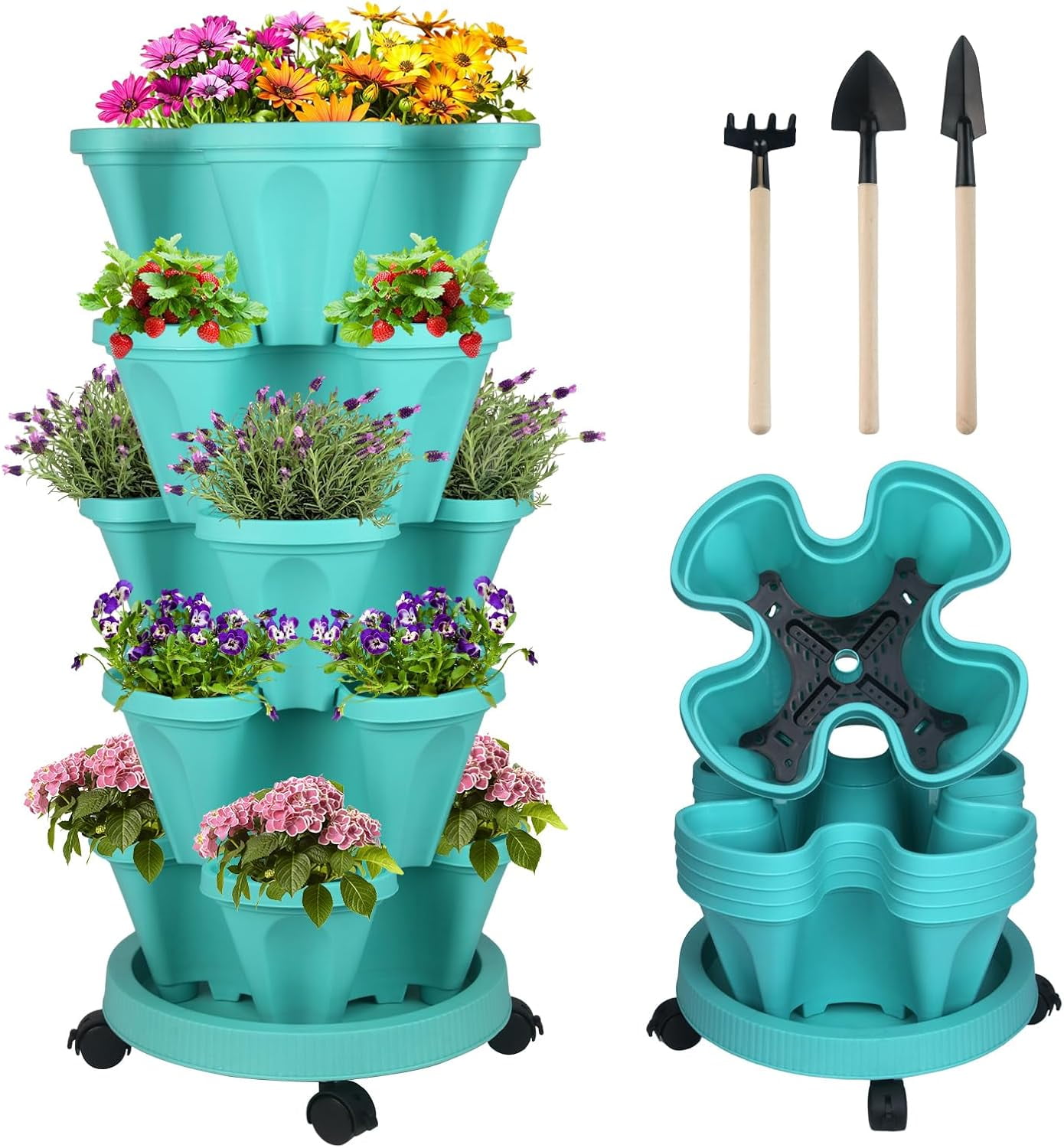 dvbiyno Stackable Planter with Removable Wheels and Garden Tools ...