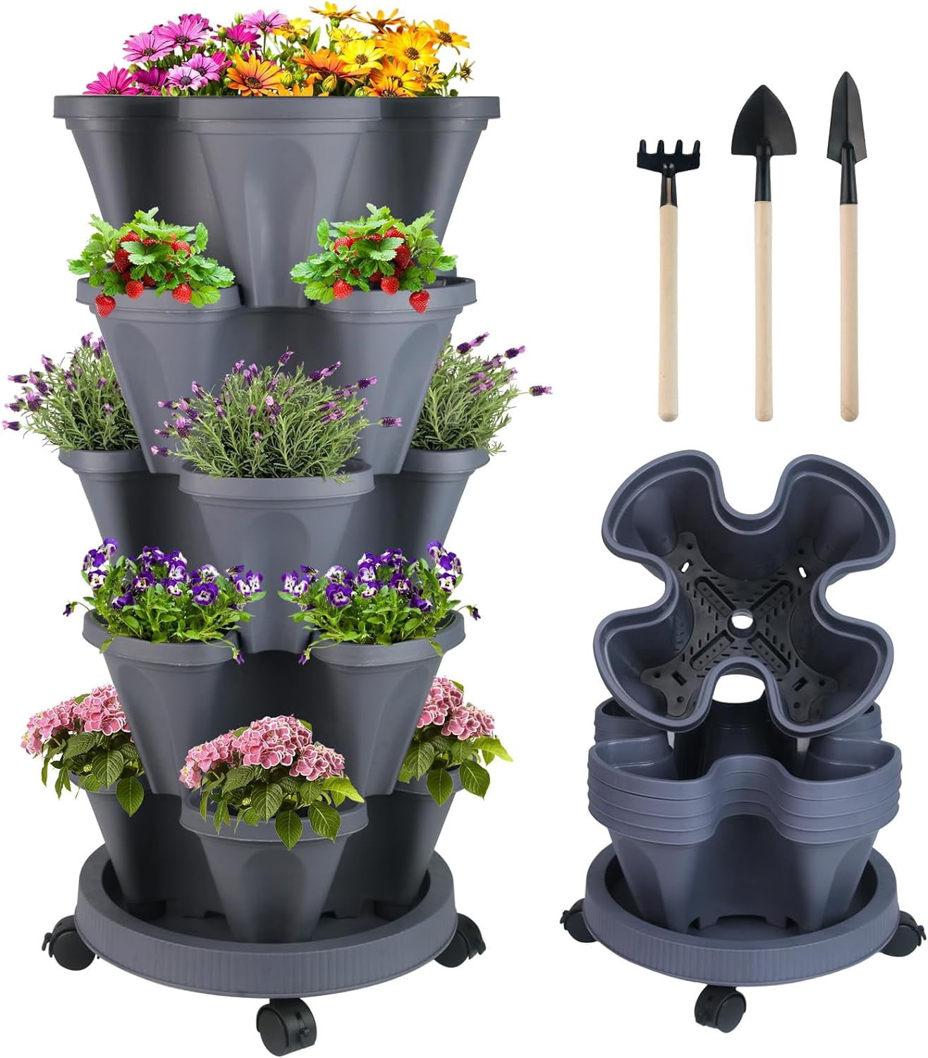 dvbiyno Stackable Planter with Removable Wheels and Garden Tools ...