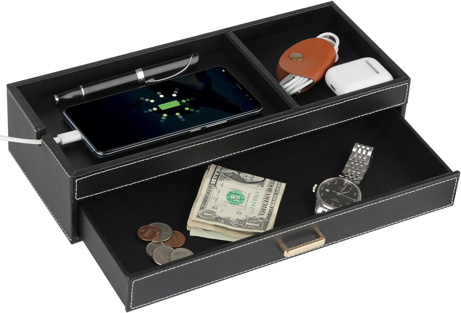 dvbiyno Valet Jewelry Tray Organizer with Drawer Faux Leather Storage ...