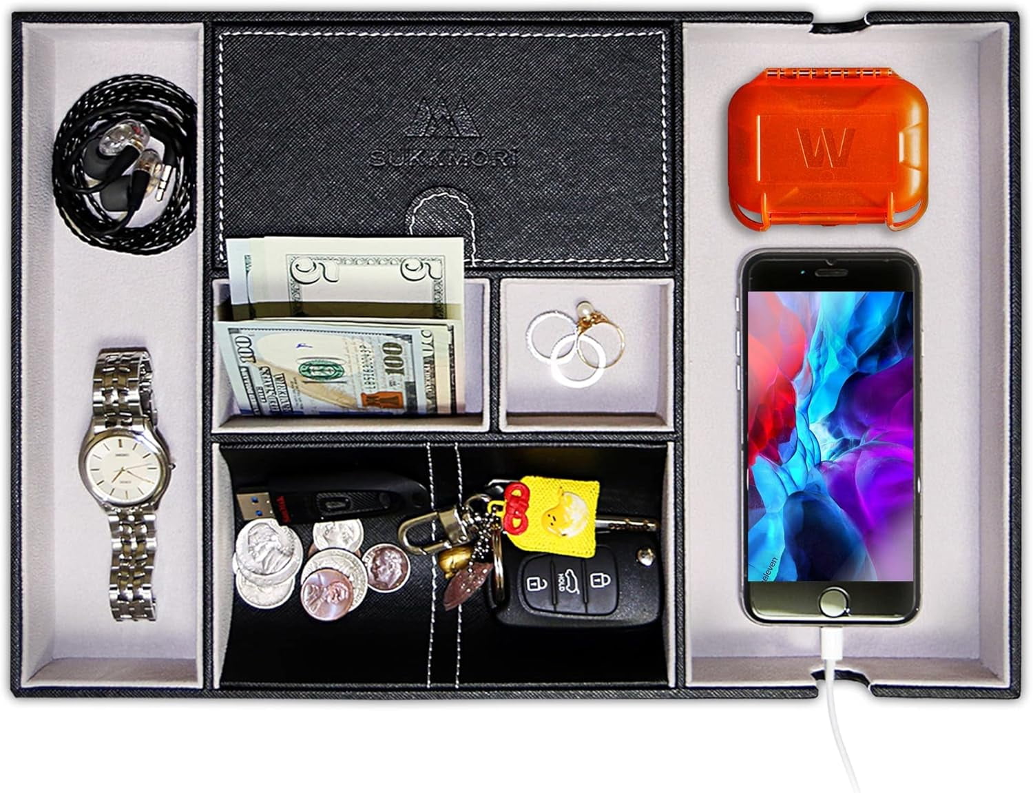 dvbiyno Valet Tray with Charging Station - PU Leather Nightstand ...