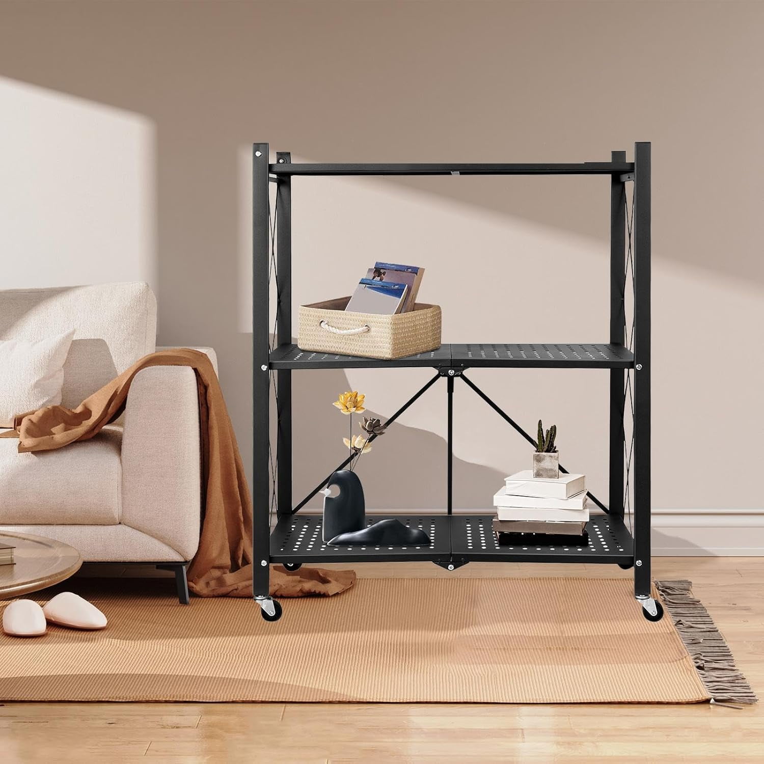 dxynlg 3 Tier Foldable Storage Shelves with Wheels Large Capacity ...