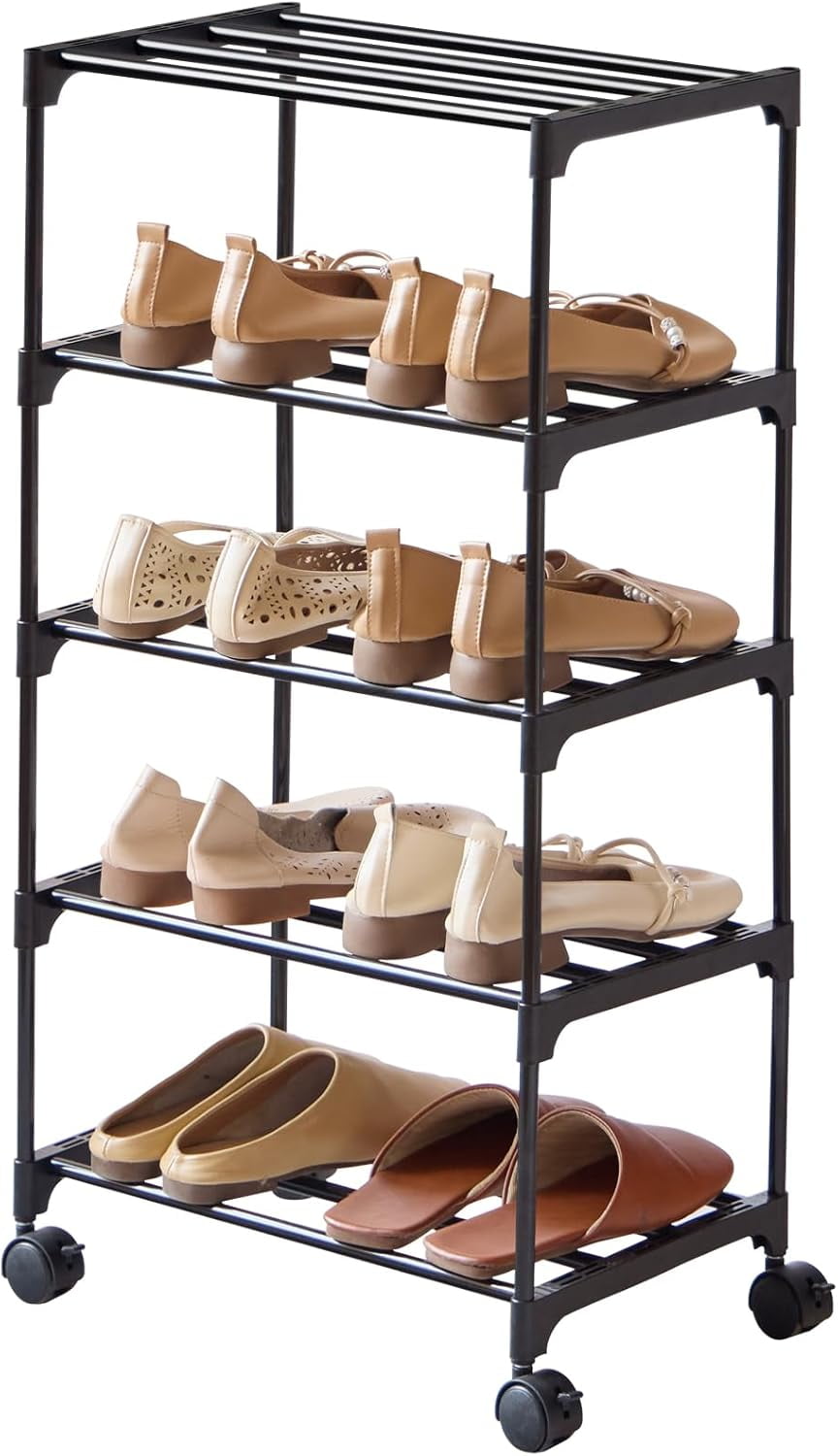 dxynlg 5-Tier Small Shoe Rack with Wheels Slide-Out Metal Shoe Racks ...