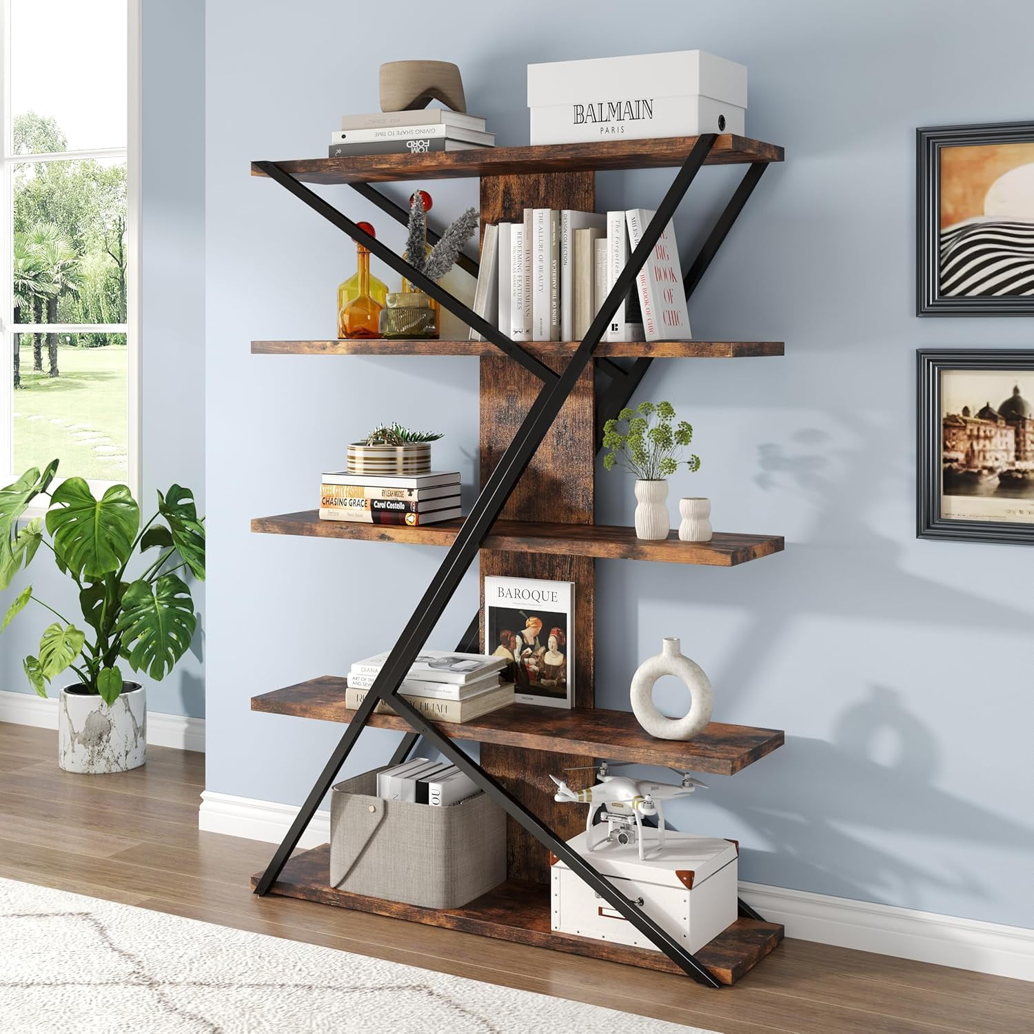dxynlg 5-Tier Wooden and Metal Frame Bookshelf Vintage Style Tall ...