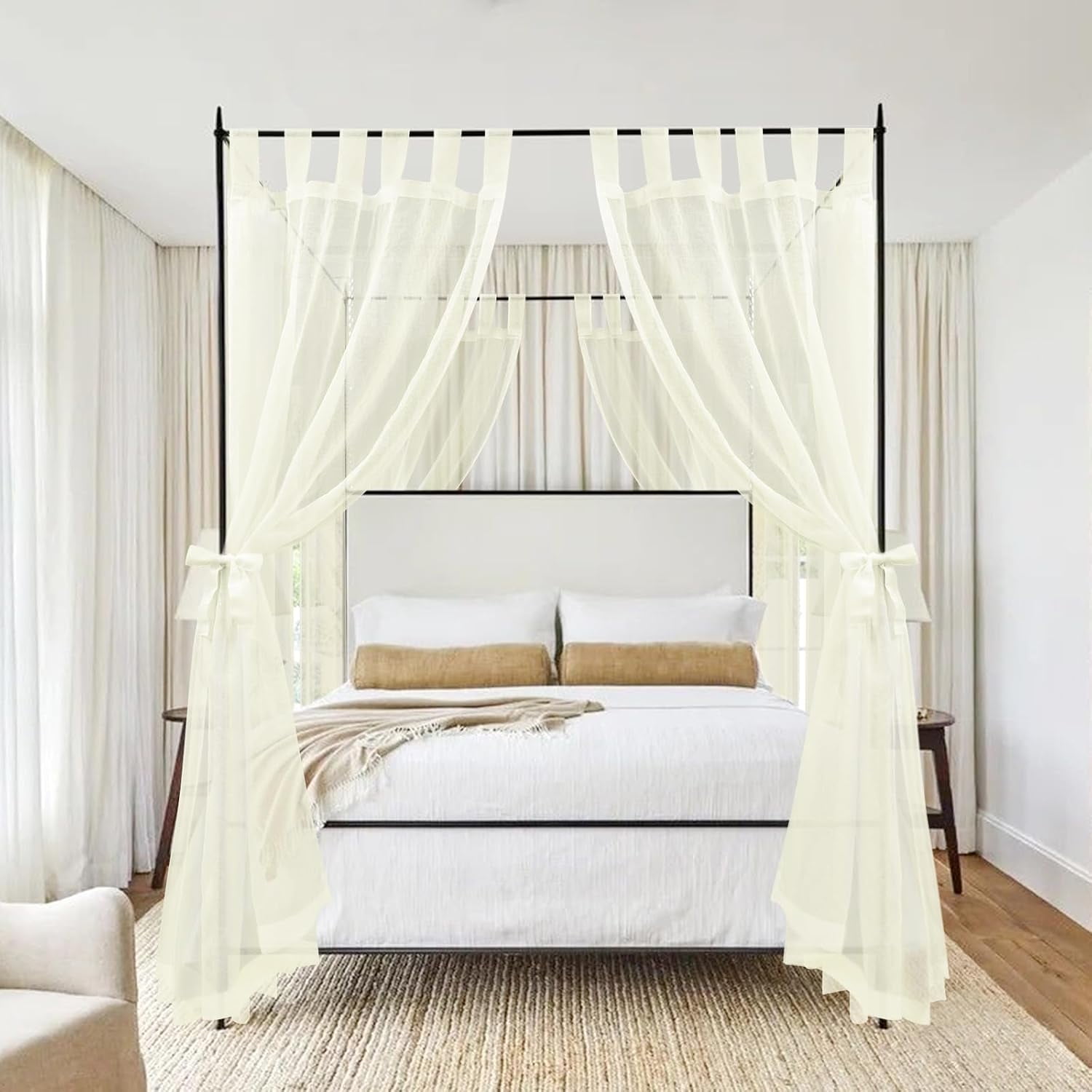 dxynlg 8 Panels Canopy Curtains Ivory Canopy Bed Curtains for King Full/Queen and Twin Bed Frame ...