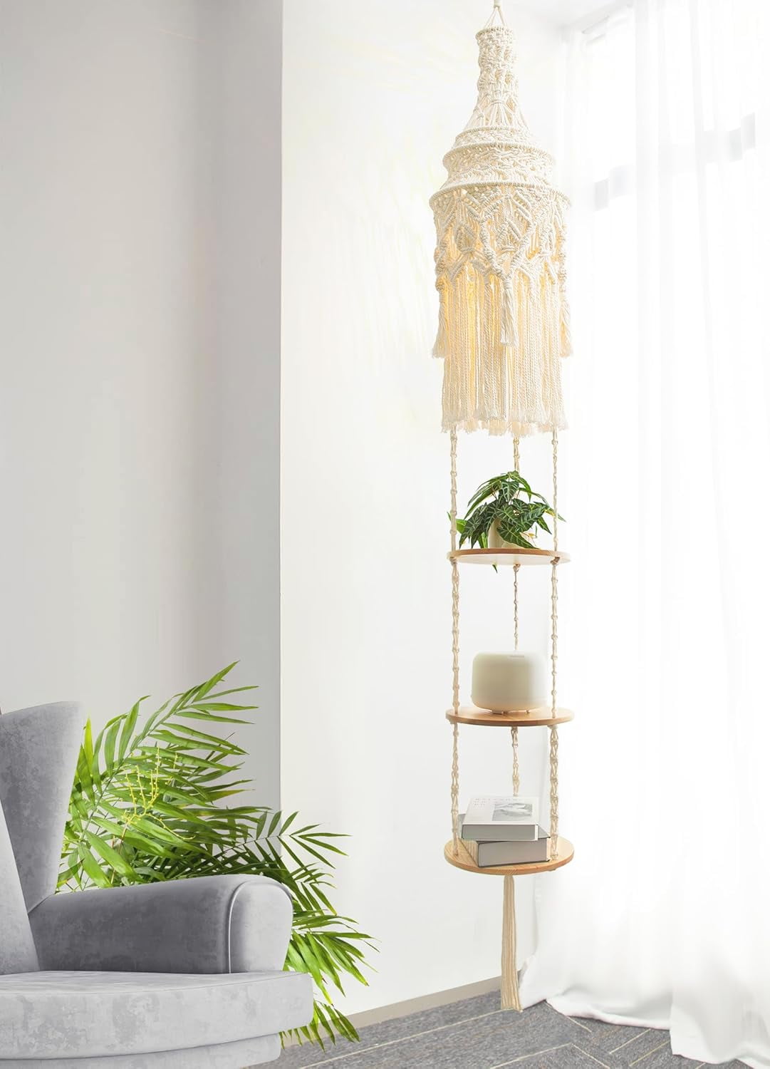 dxynlg ANROYE 3-Tier Macrame Hanging Light Fixture Shelf Boho Corner ...