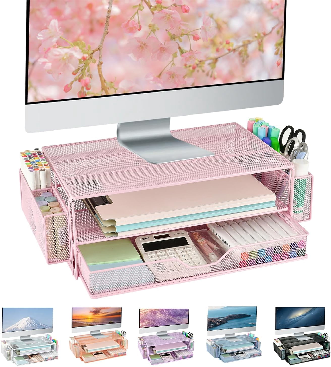 dxynlg AUPSEN 2 Tier Computer Monitor Stands with Drawer and 2 Pencil ...