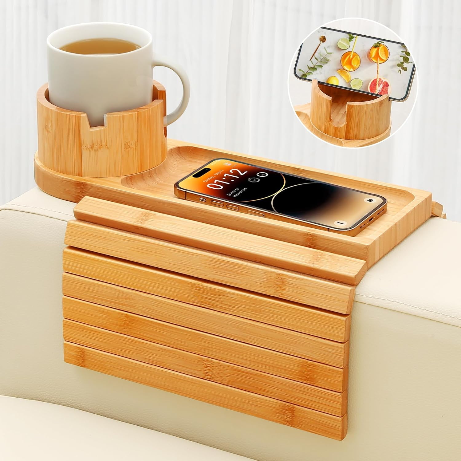 dvbiyno Couch Cup Holder Bamboo Couch Arm Tray with 360° Rotating Cup ...