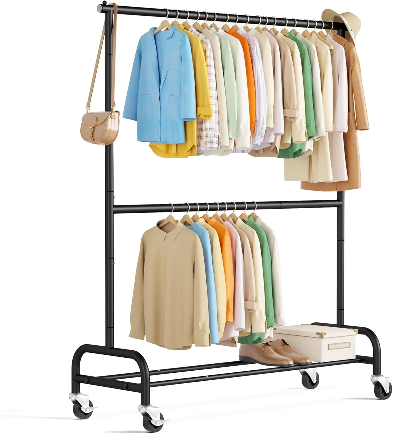 Hltser Heavy Duty Clothes Rack for Hanging Clothes Double Rod Rolling ...