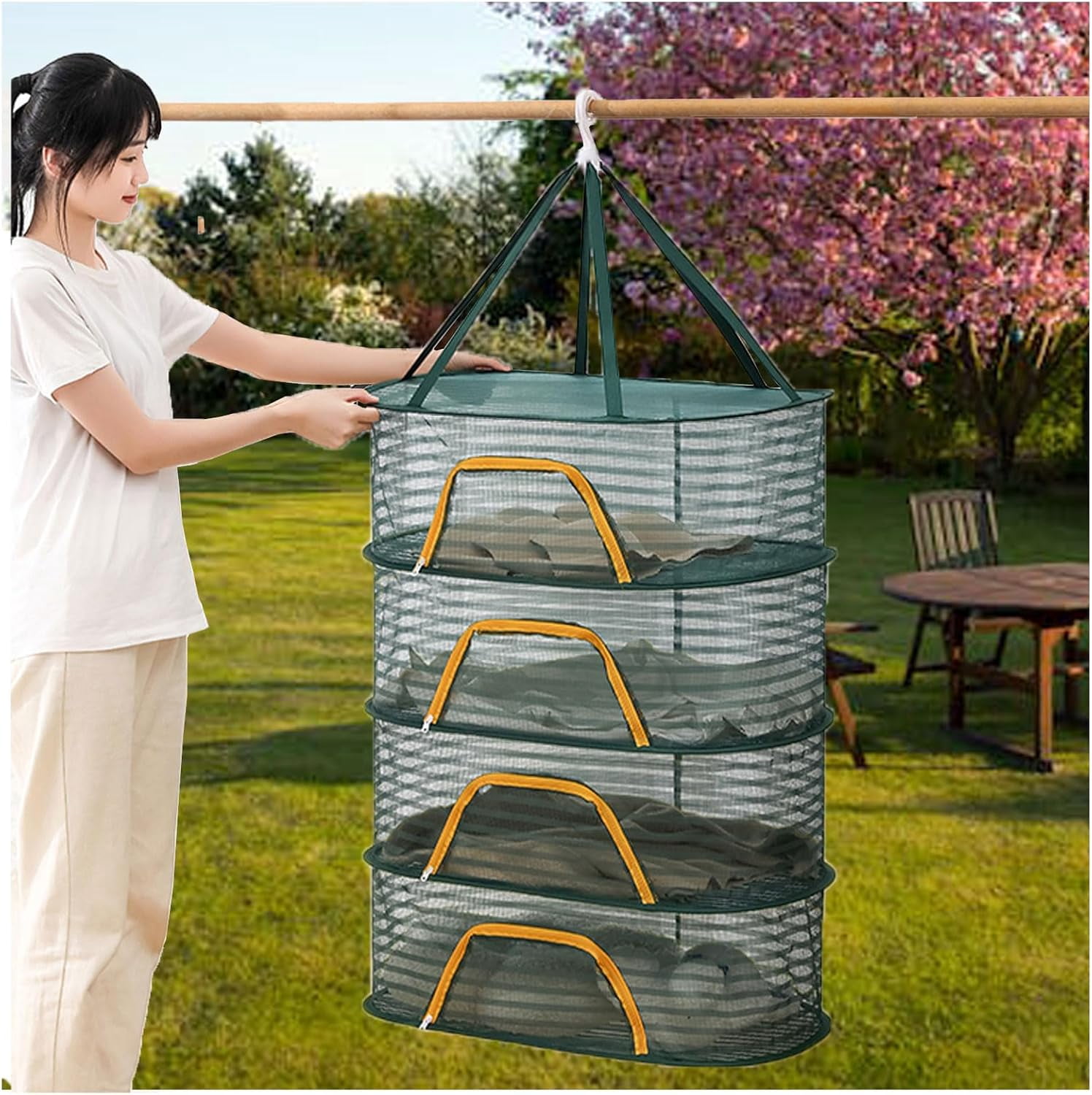 dxynlg Herb Drying Rack 4 Layer Hanging Design with Green Zippers for ...