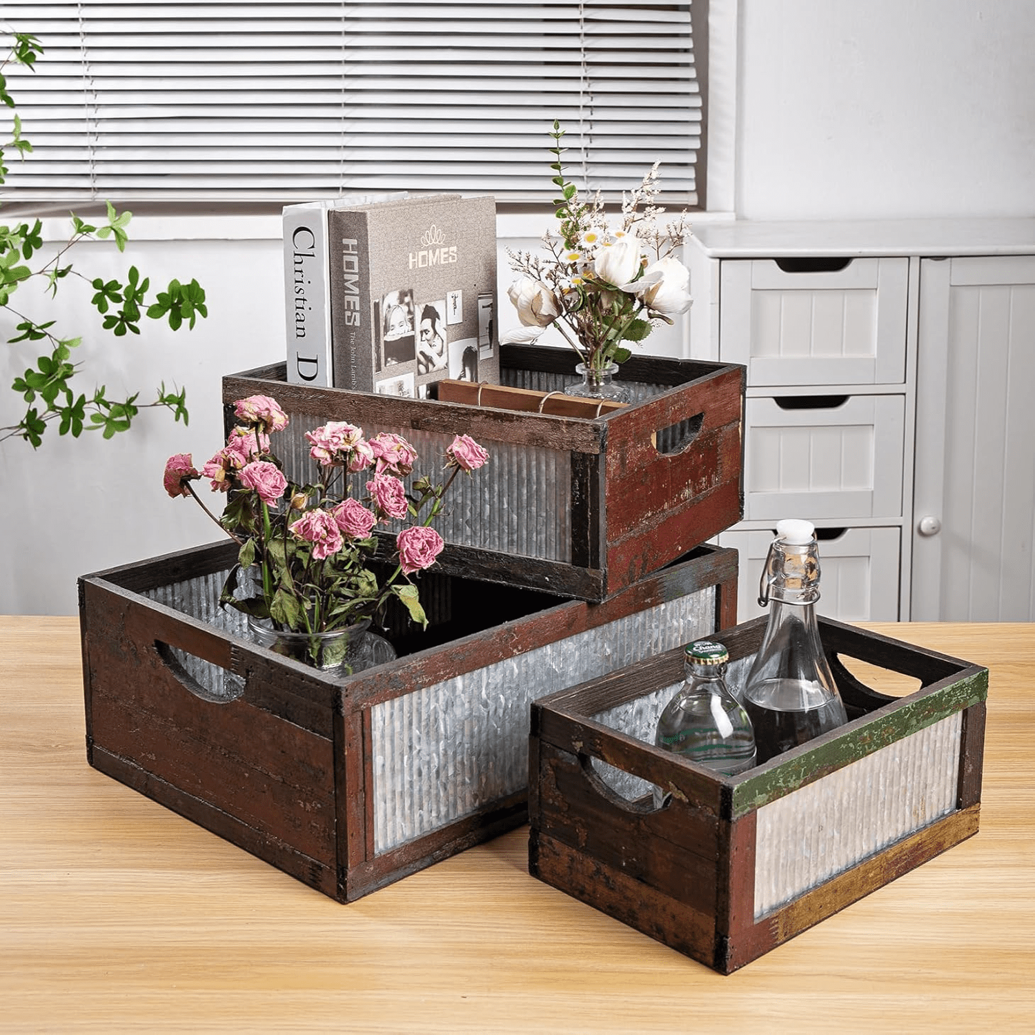 dxynlg Nesting Wooden Crates Rustic Wooden Storage Container Boxes with ...