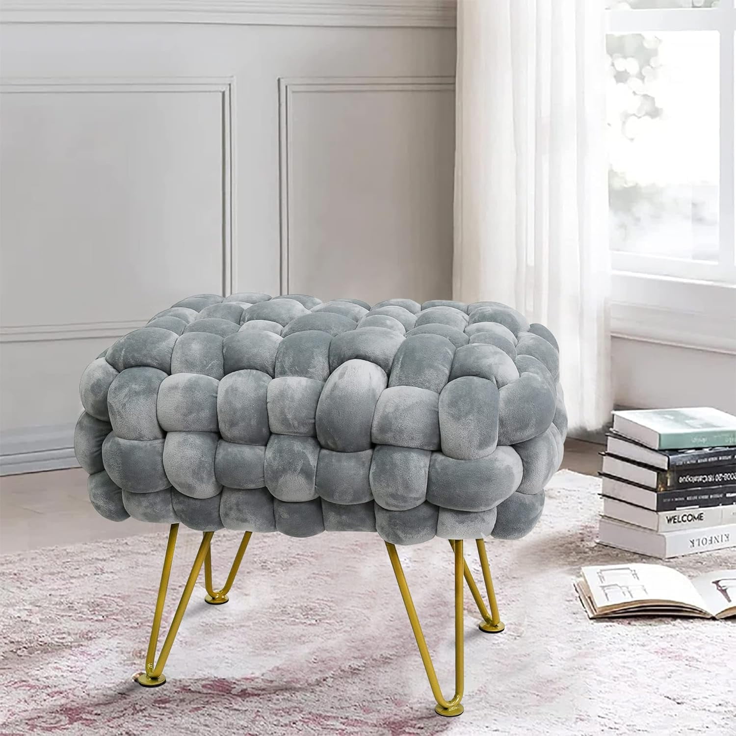 dxynlg Retro Blue Soft Upholstered Ottoman Fuzzy Entryway Bench Seat 27 ...