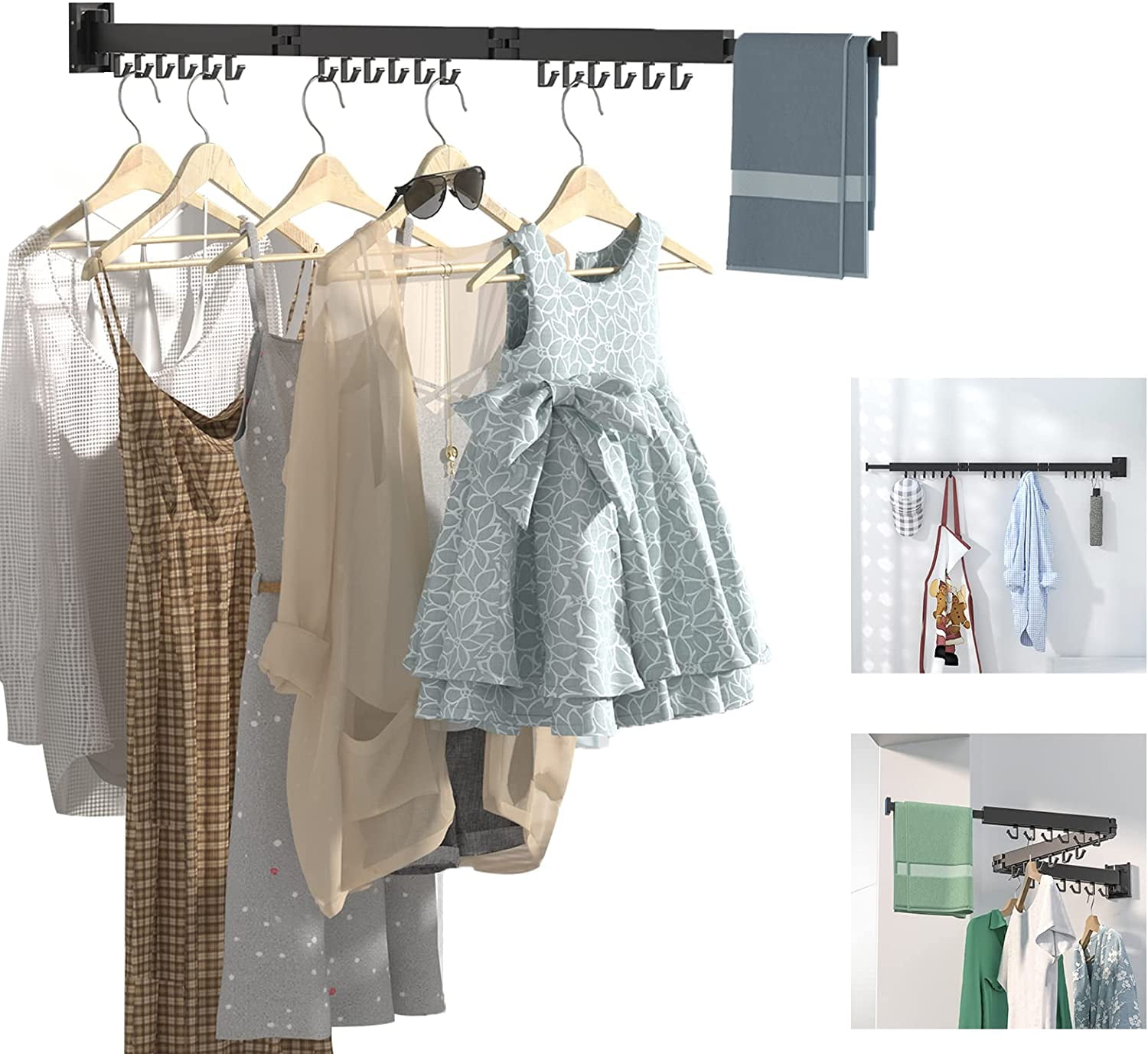 dxynlg Wall Mounted Portable Folding Clothes Drying Rack with Hooks ...