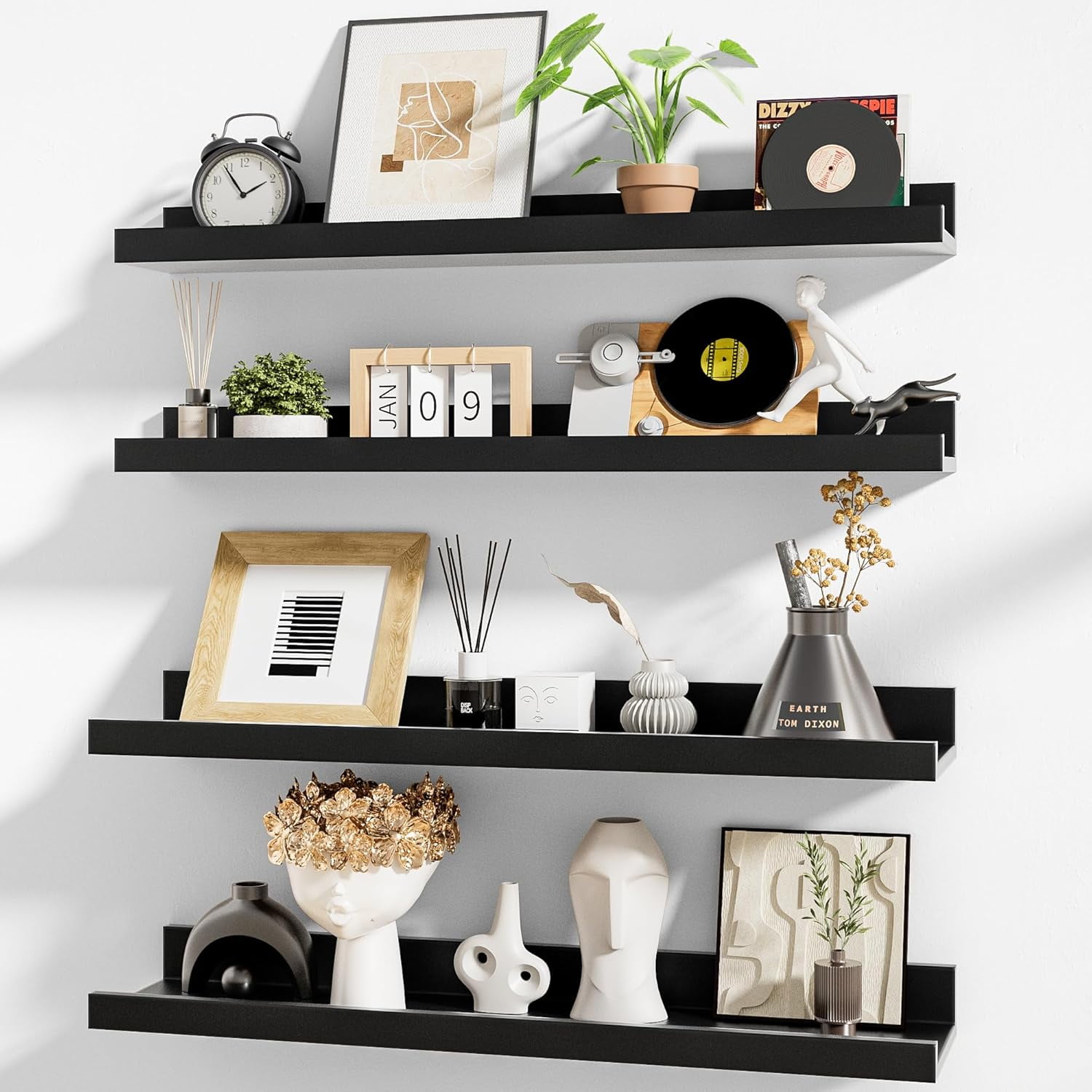 dxynlzq 16 Inch Picture Ledge Shelf with Lip Black Floating Shelves for ...