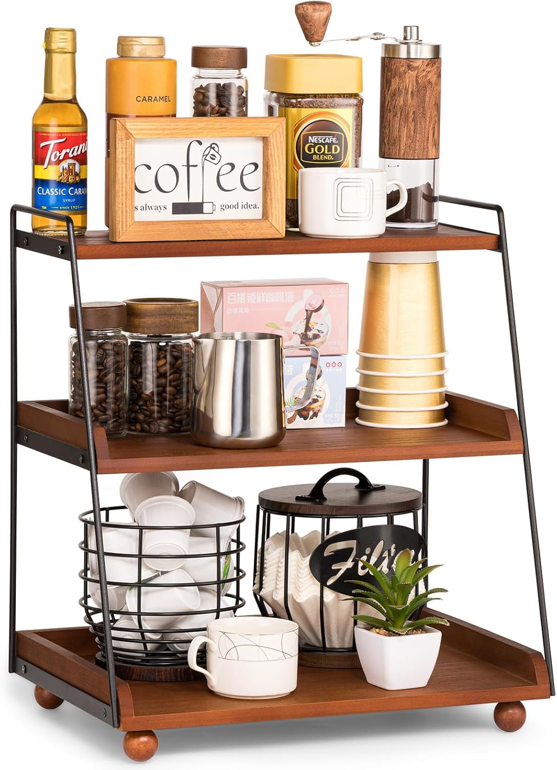 dxynlzq 2 Tier Coffee Bar Accessories and Organizer Shelf Wooden Coffee ...