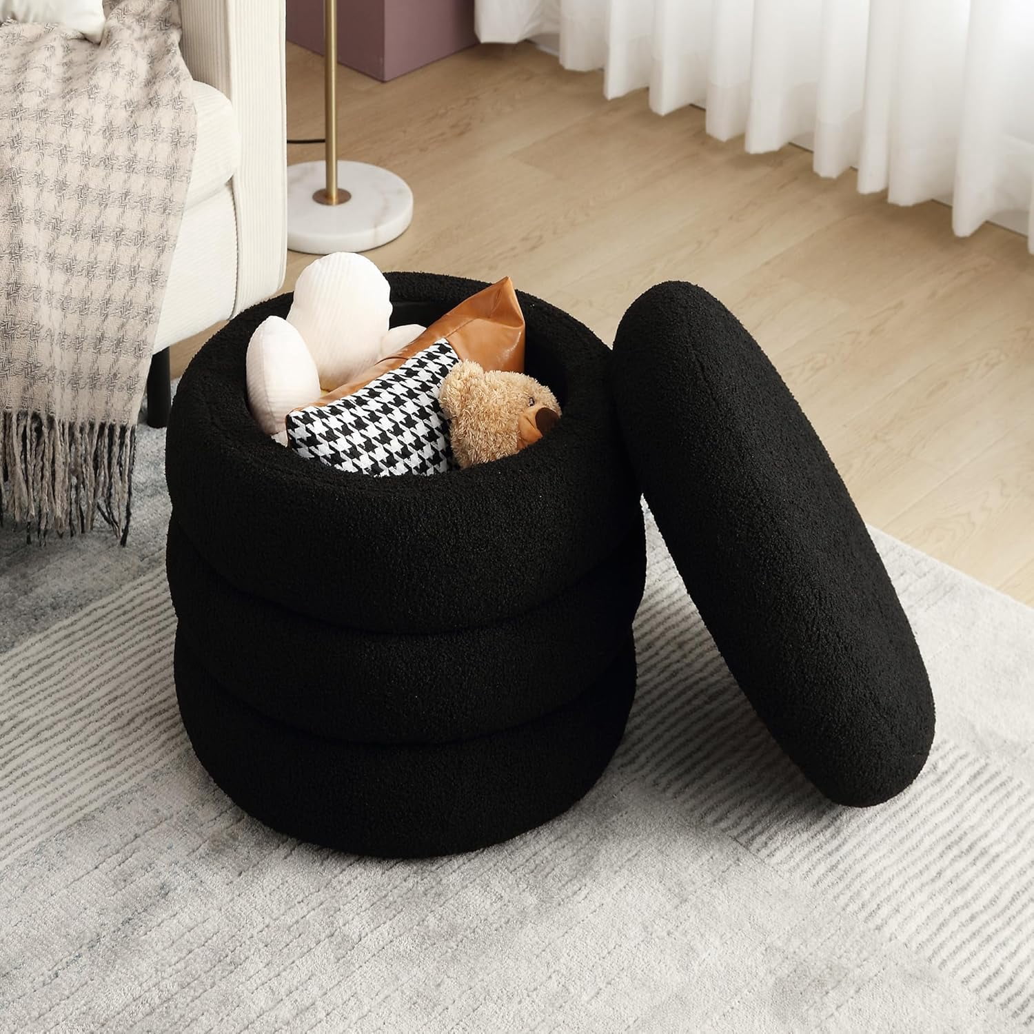 20.1 Inch Round Storage Ottoman Modern Velvet Ottoman Coffee Table with ...