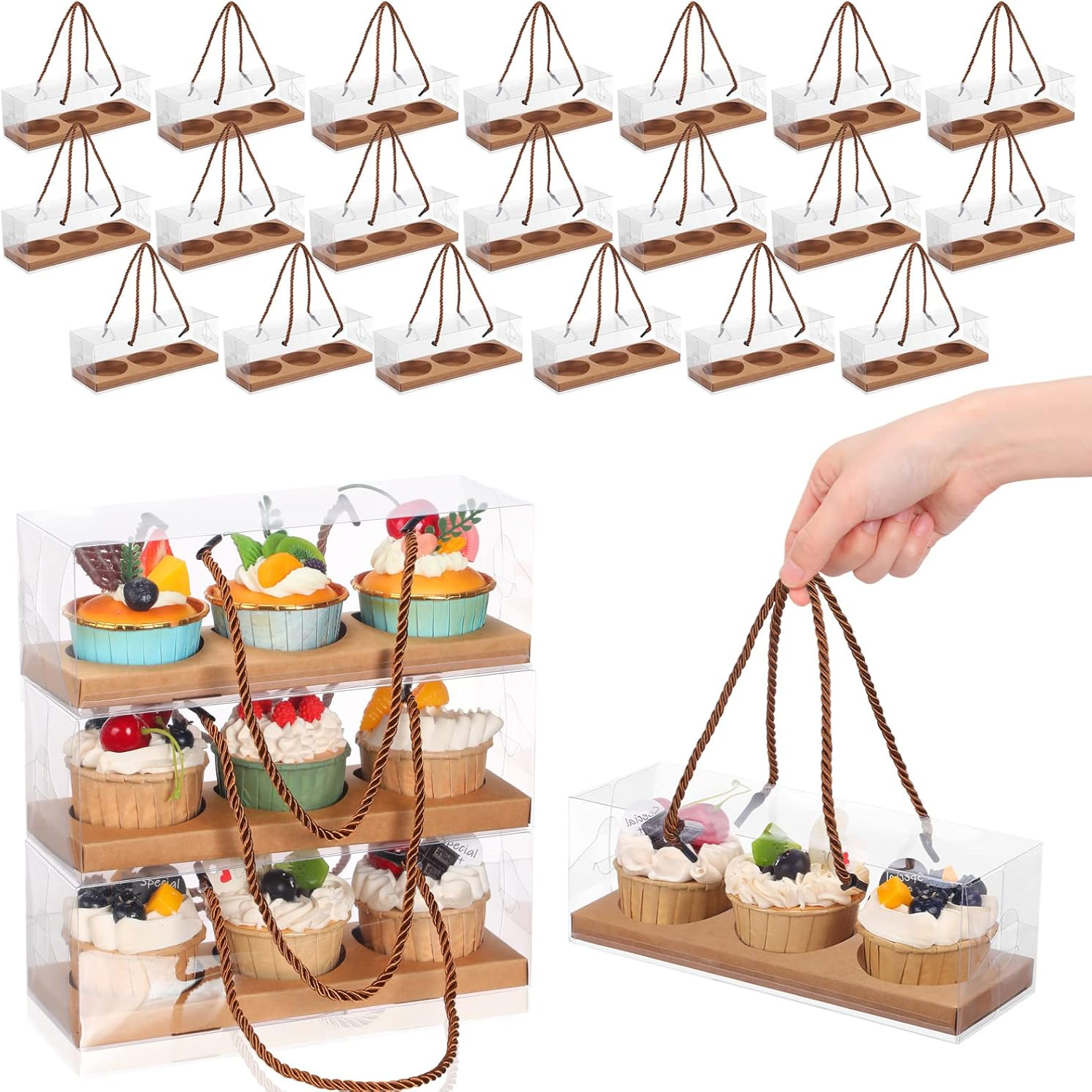 dxynlzq 20 Set of Clear Cupcake Boxes 9" x 3" x 3" Portable Pastry ...