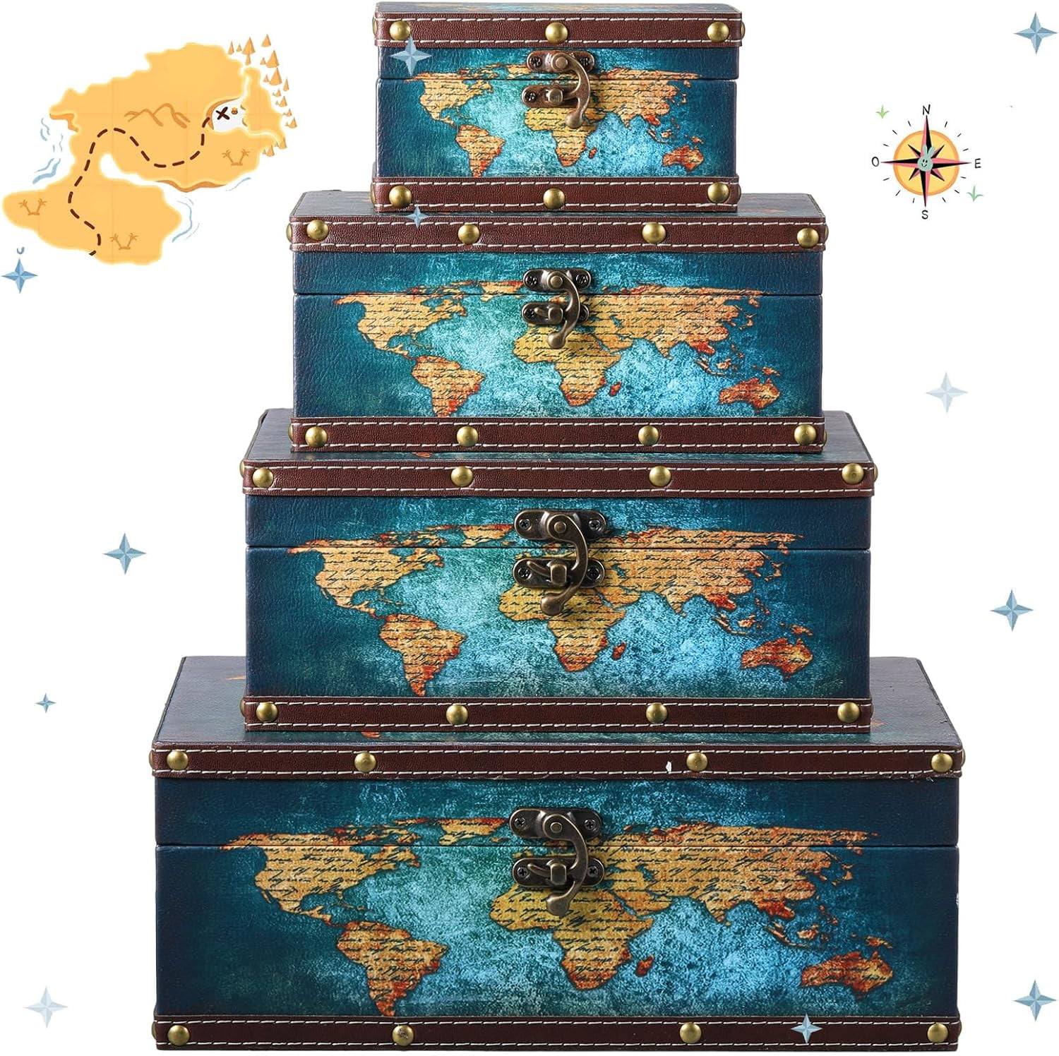 vbfgybxny 4 Pack Wood Storage Wood and Leather Treasure Chest with Lid ...
