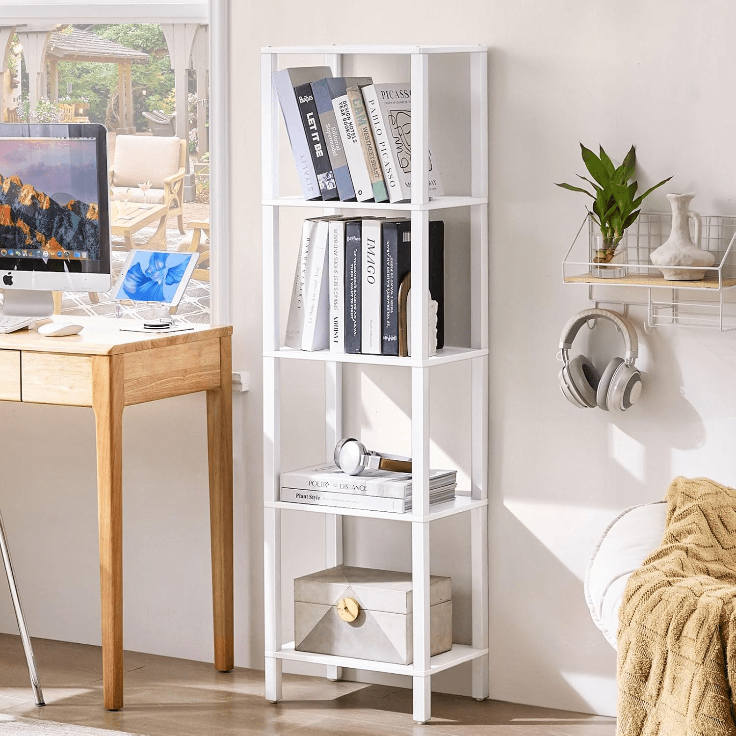 dxynlzq 4 Tier Tall Wooden Bookshelf with Storage - Small Bookcase for ...