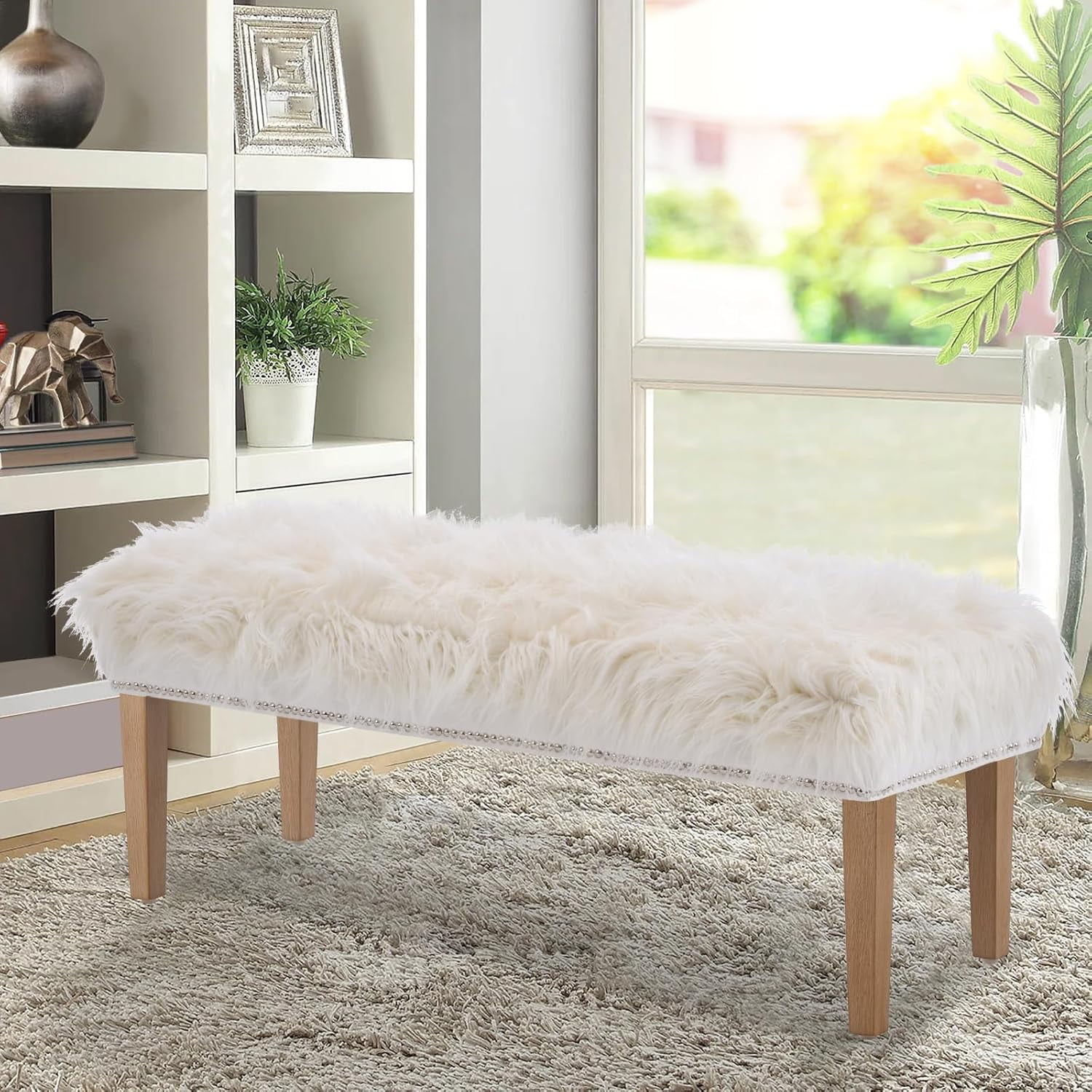 dxynlzq 46 Inch Black Bedroom Bench for Bedroom Faux Fur Upholstered ...