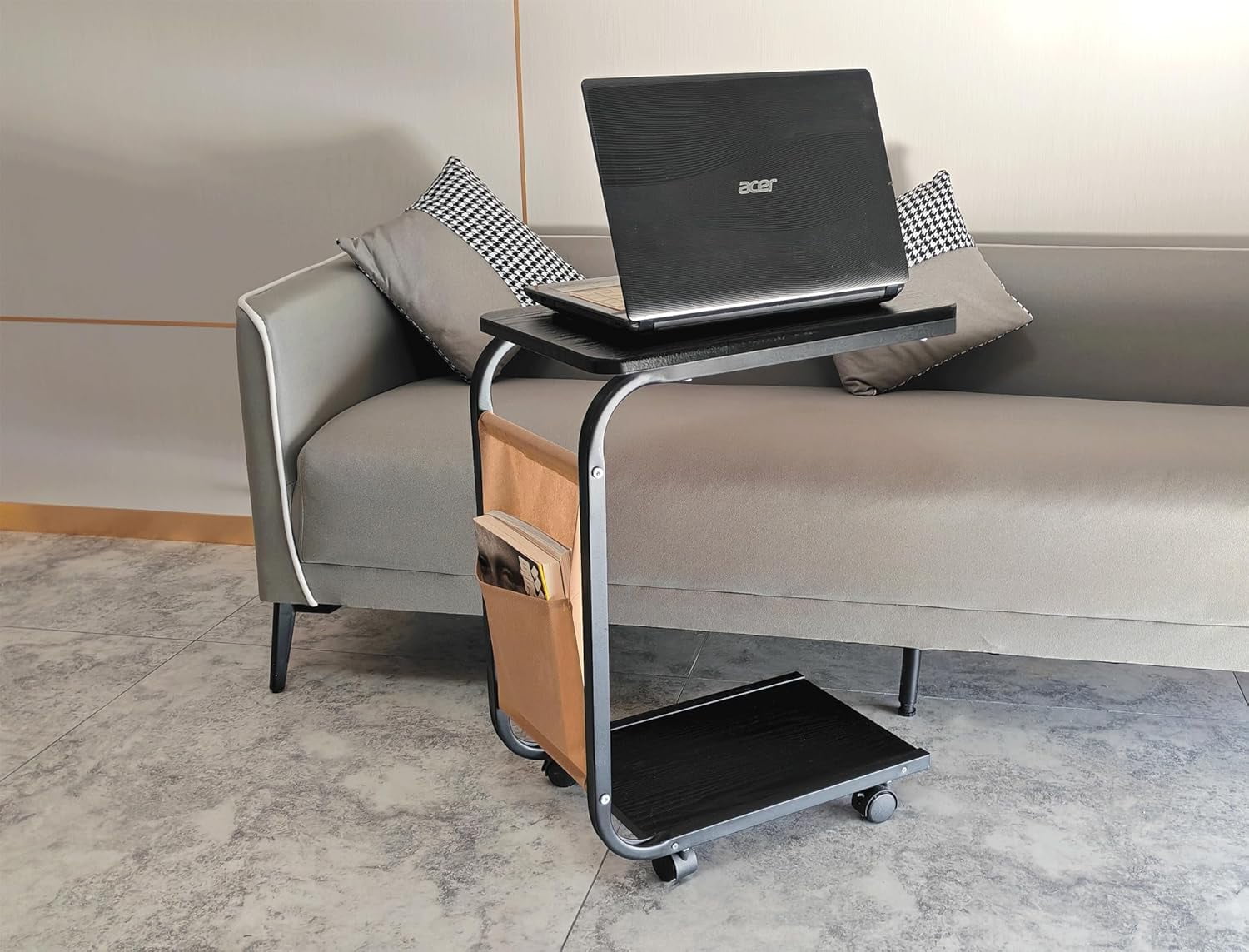 dxynlzq C-Shaped Edge Table Small with Rollers Metal Frame Narrow Side ...