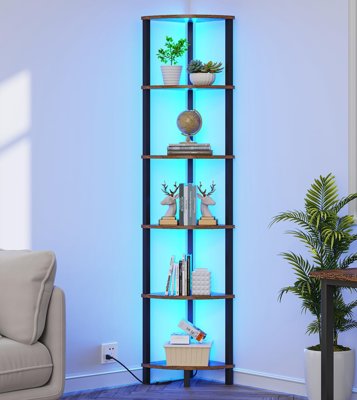 dxynlzq Corners Shelf with LED Light 6-Tier Corner Bookshelf Industrial ...