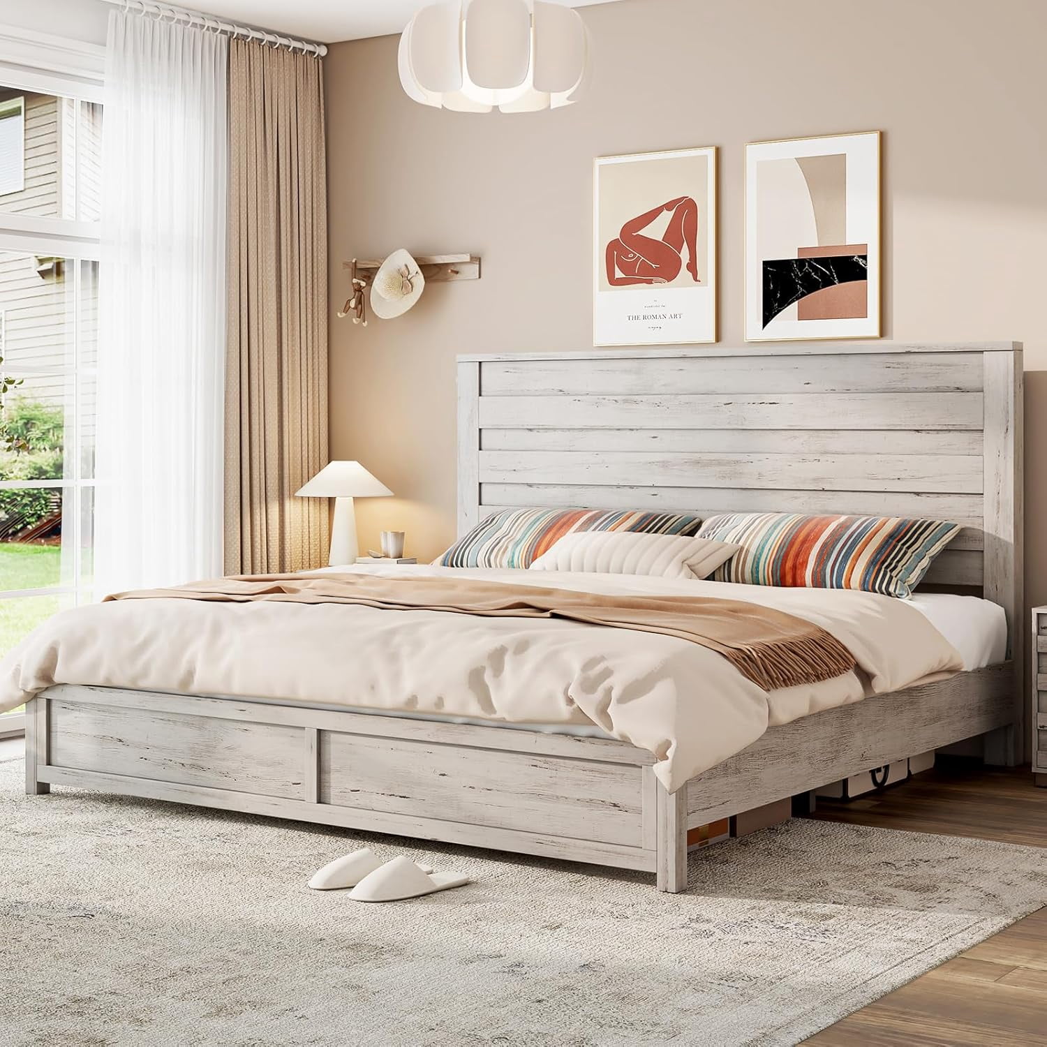 dxynlzq Farmhouse King Bed Frame with 49" Tall Headboard Wooden ...