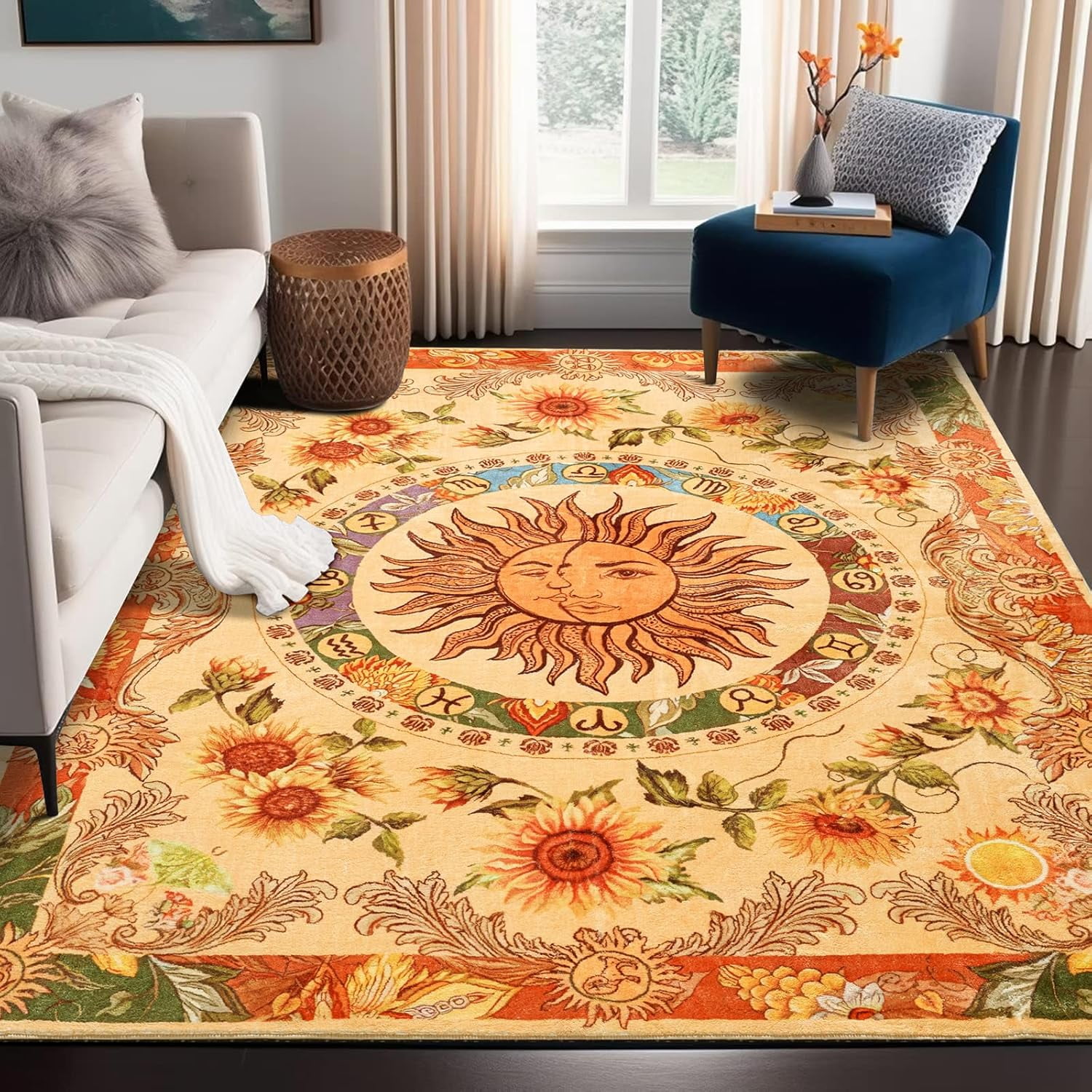 dxynlzq HIOPTY Boho Sun and Moon Washable Rug Ultra Thin Vintage ...