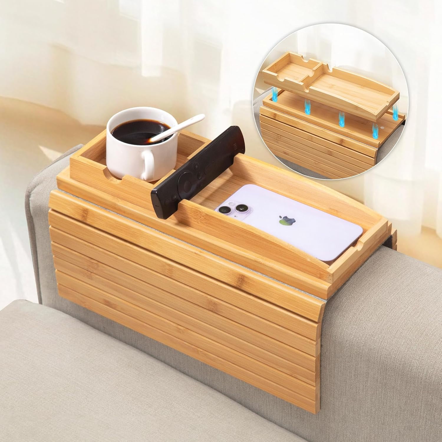 dxynlzq JKLCH Bamboo Couch Arm Tray Table | 2-in-1 Detachable Sofa Tray ...