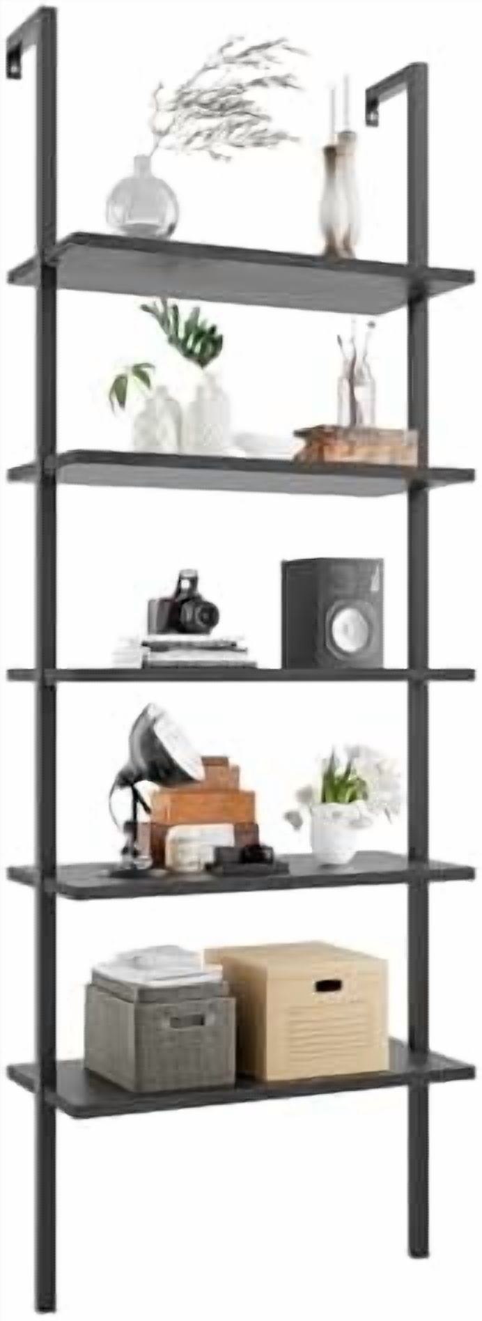 5-Tier Bookshelf Industrial Wall Mount Ladder Bookshelf, Wood Board and ...