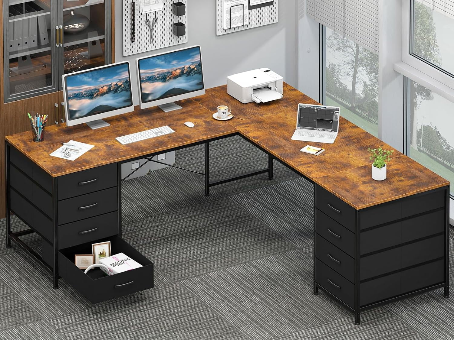 dxynlzq L Shaped Computer with 8 Drawers Writing with Large Storage for ...