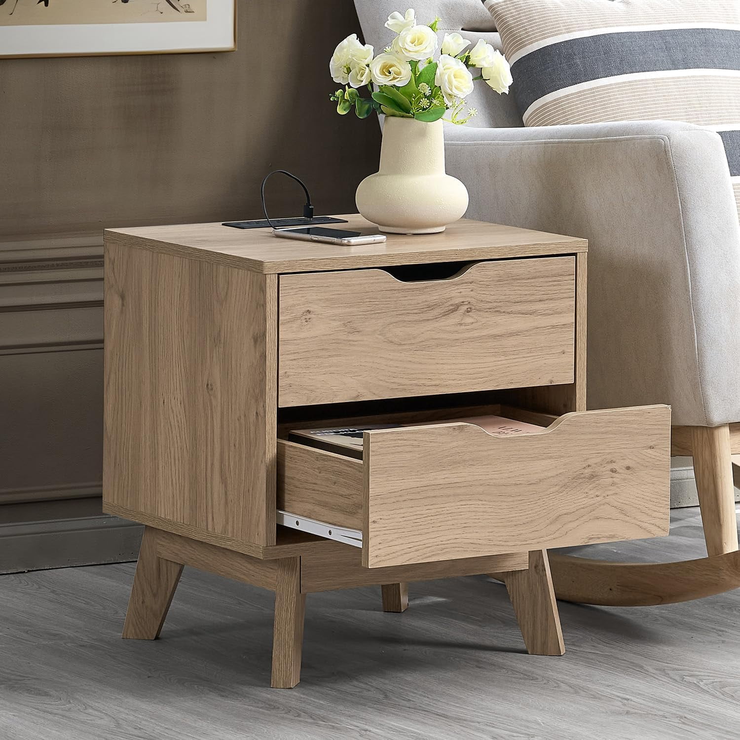 dxynlzq Modern Night Stand with Charging Station Nightstand Bedside Table Night Stands with 2 ...