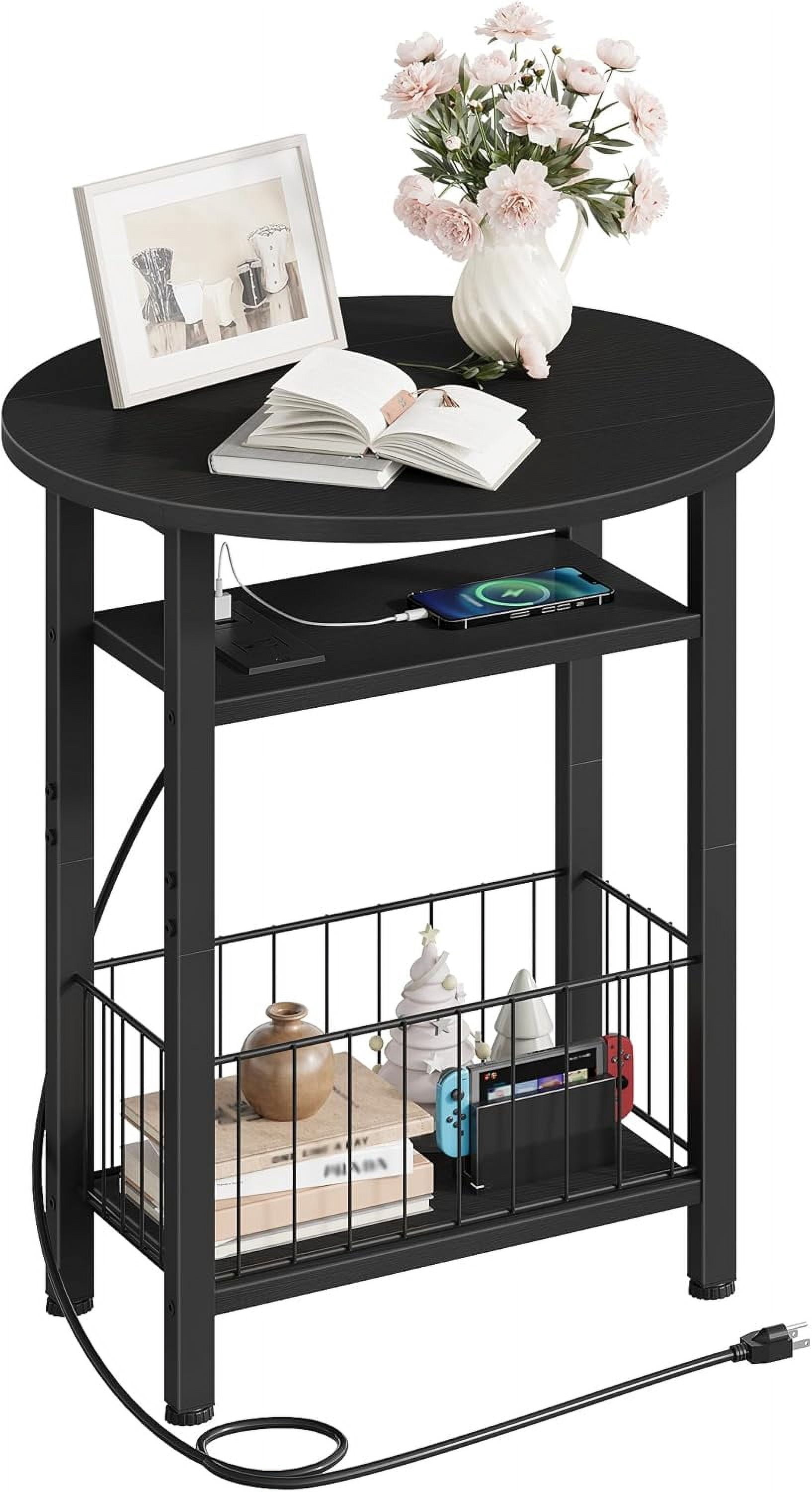 dxynlzq Narrow Side Table with Power Outlet and Storage Basket 3-Tier ...