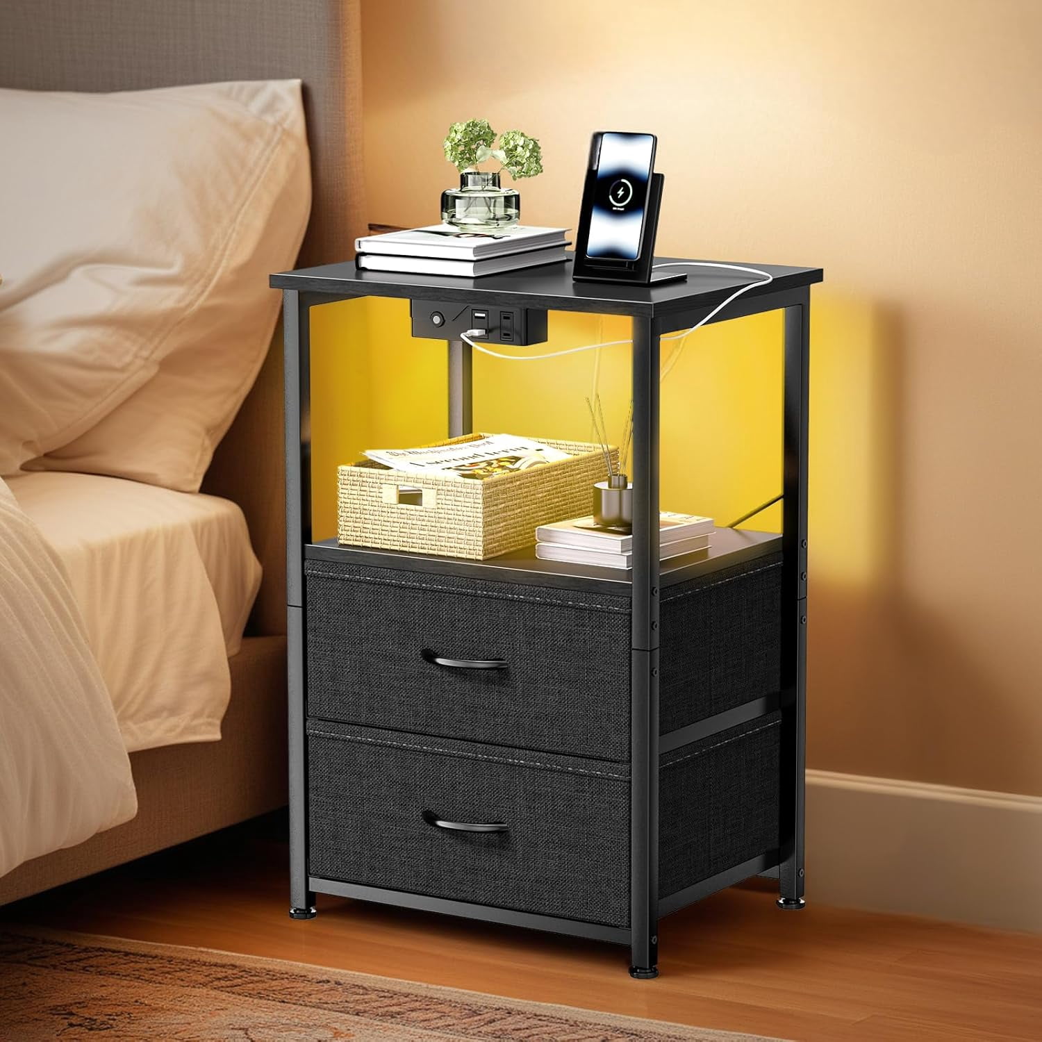 dxynlzq Nightstand with Charging Station and LED Lights Small Night ...