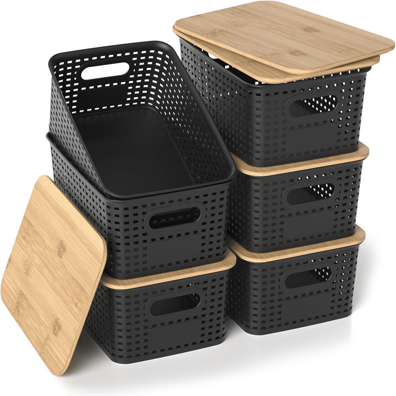 dxynlzq Plastic Storage Baskets with Bamboo Lids Stackable Storage Bins ...