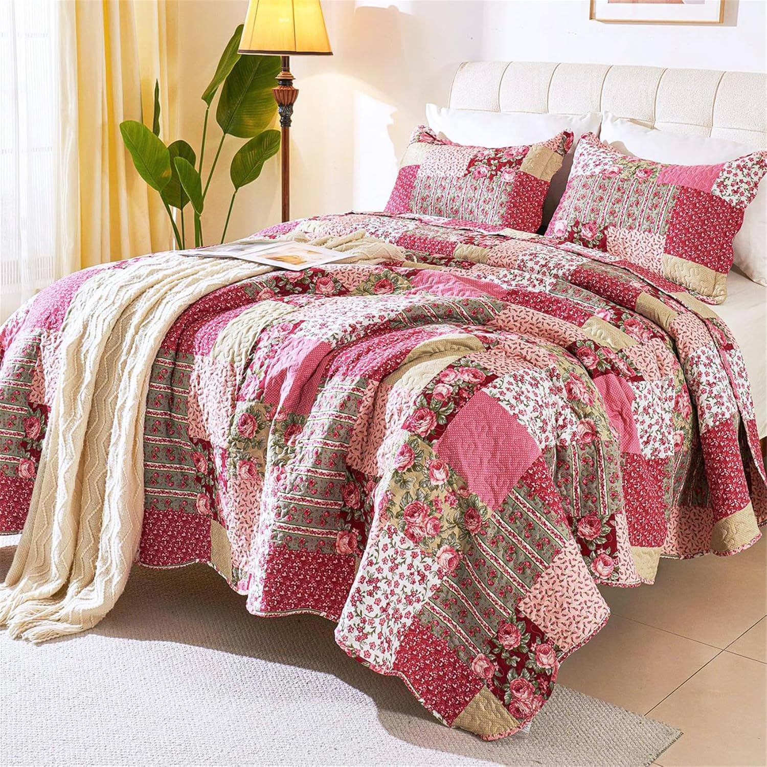 dxynlzq Romantic Patchwork Quilt Set Queen Size Reversible Bedspread ...