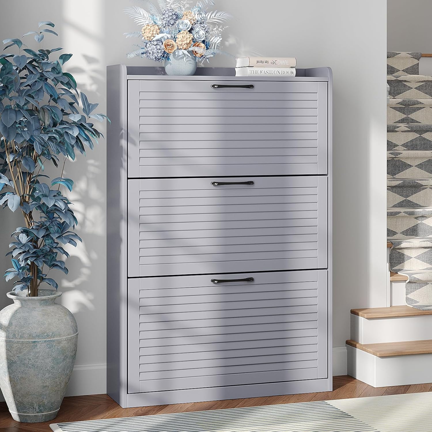 dxynlzq Shoe Storage Cabinet with 4 Flip Louvered Doors Freestanding ...